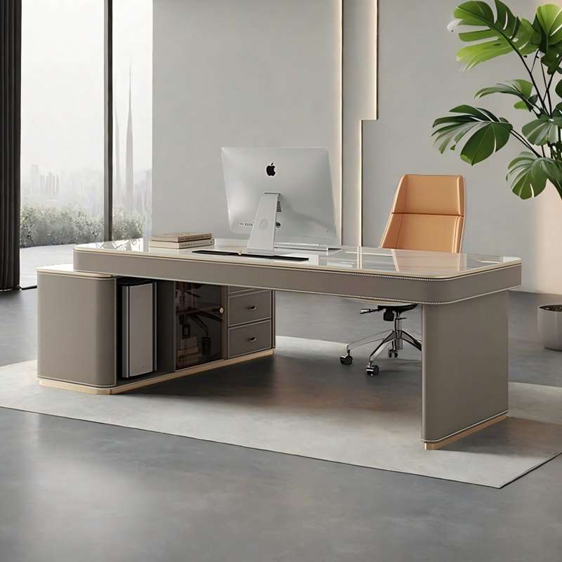 Coxambrey L-Shaped Sintered Stone Desk And Chair Office Sets With Side ...