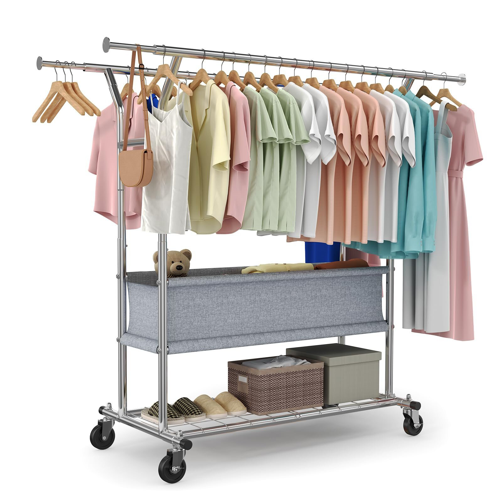 TWOTFUL Clothing Rack Heavy Duty Clothes Rack,Extendable Double Rod ...