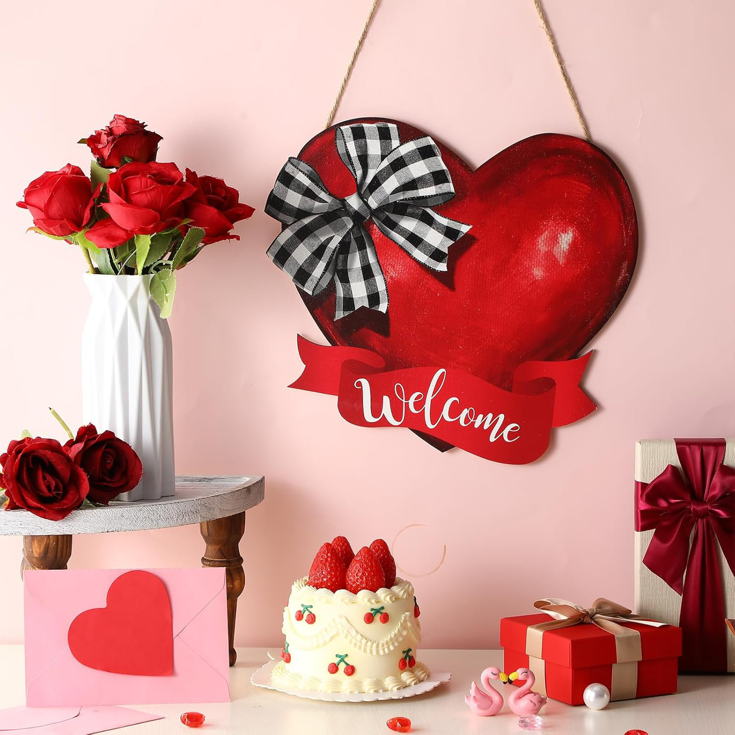 The Holiday Aisle® Red Heart Hanging Door Hanger Valentine Welcome Wood ...