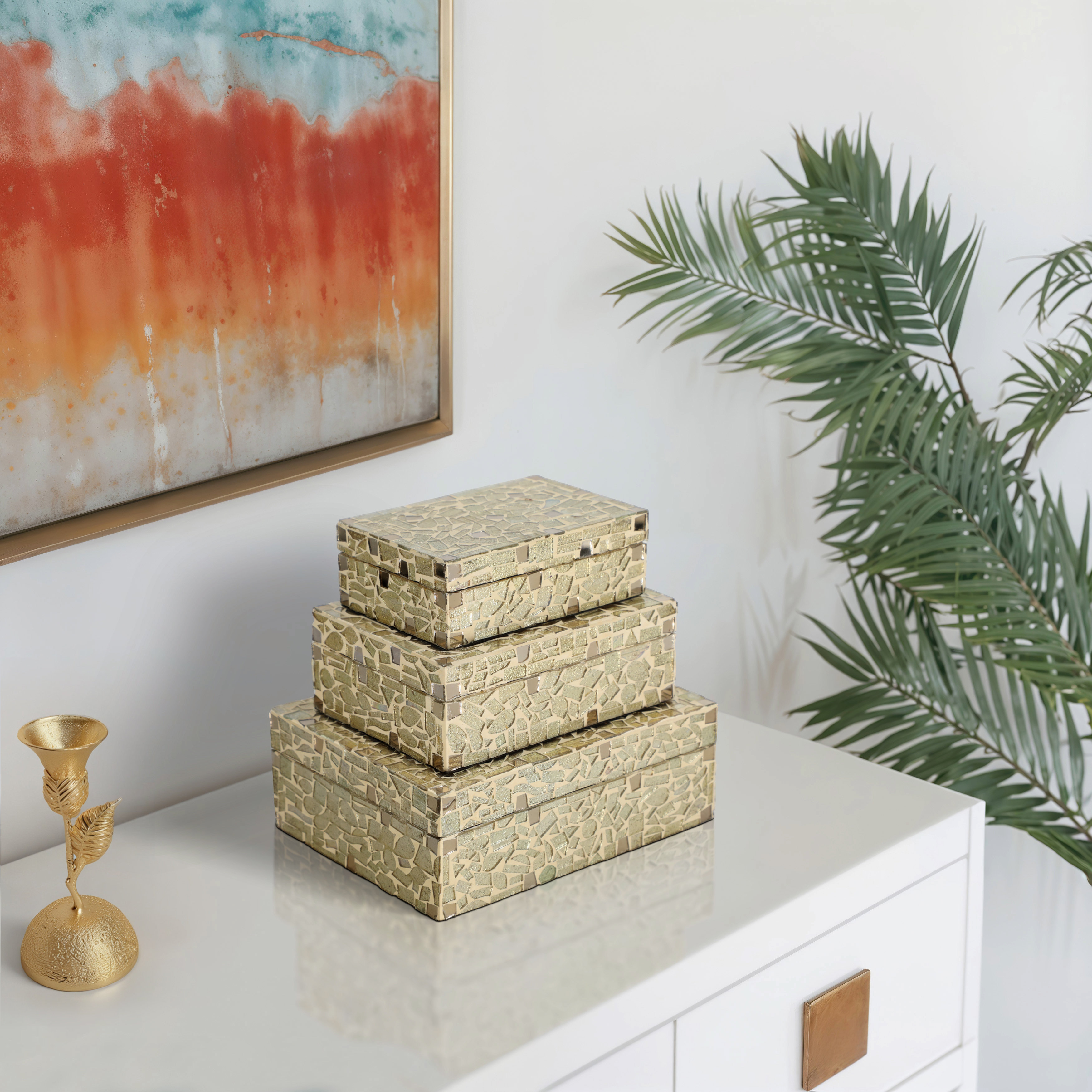 Everly Quinn Elegant Mosaic Boxes, Champagne - 6 and 7 and 9 Inches ...