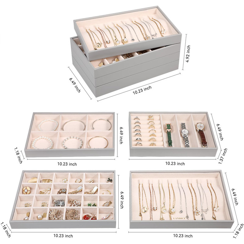 Latitude Run® Stackable Jewelry Organizer Trays 4 Set,PU Leather ...