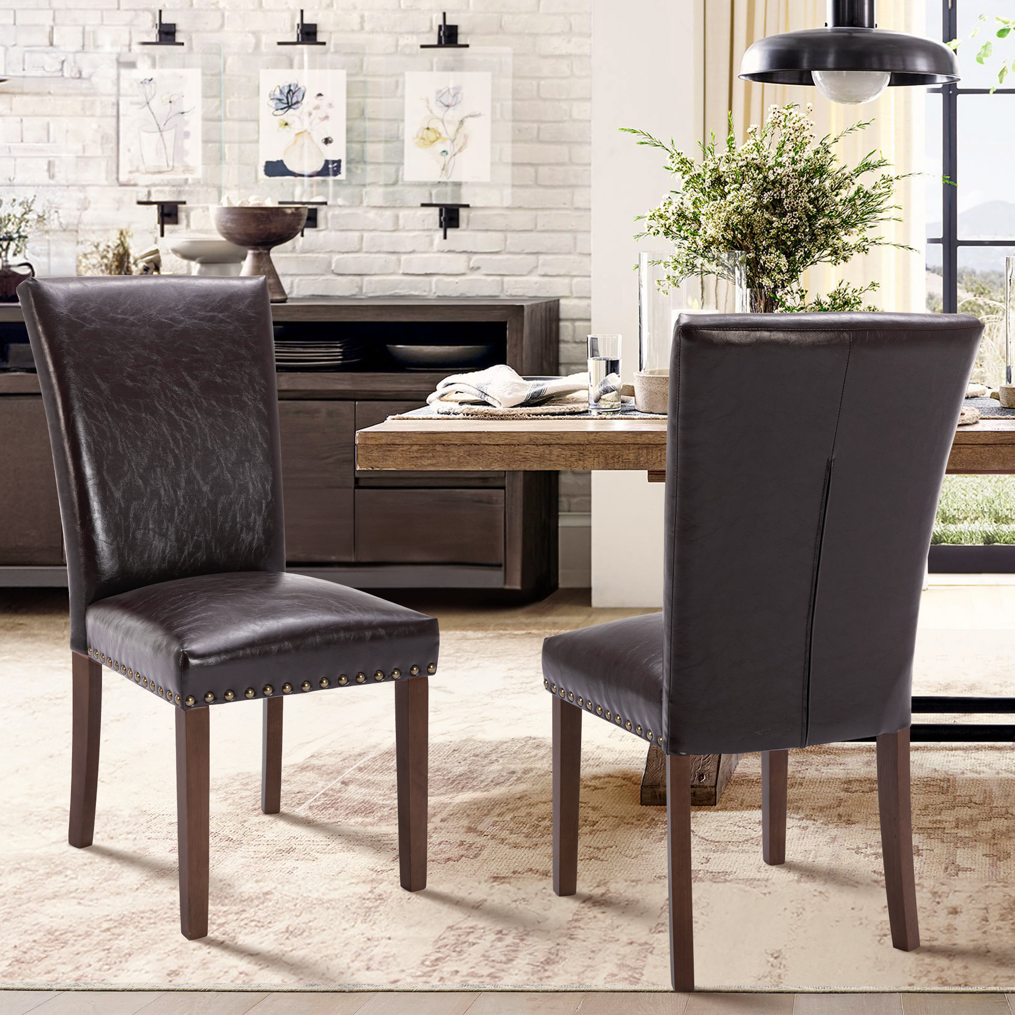 Winston Porter Nailhead Trim Leather Upholstered Side Chair Dining ...