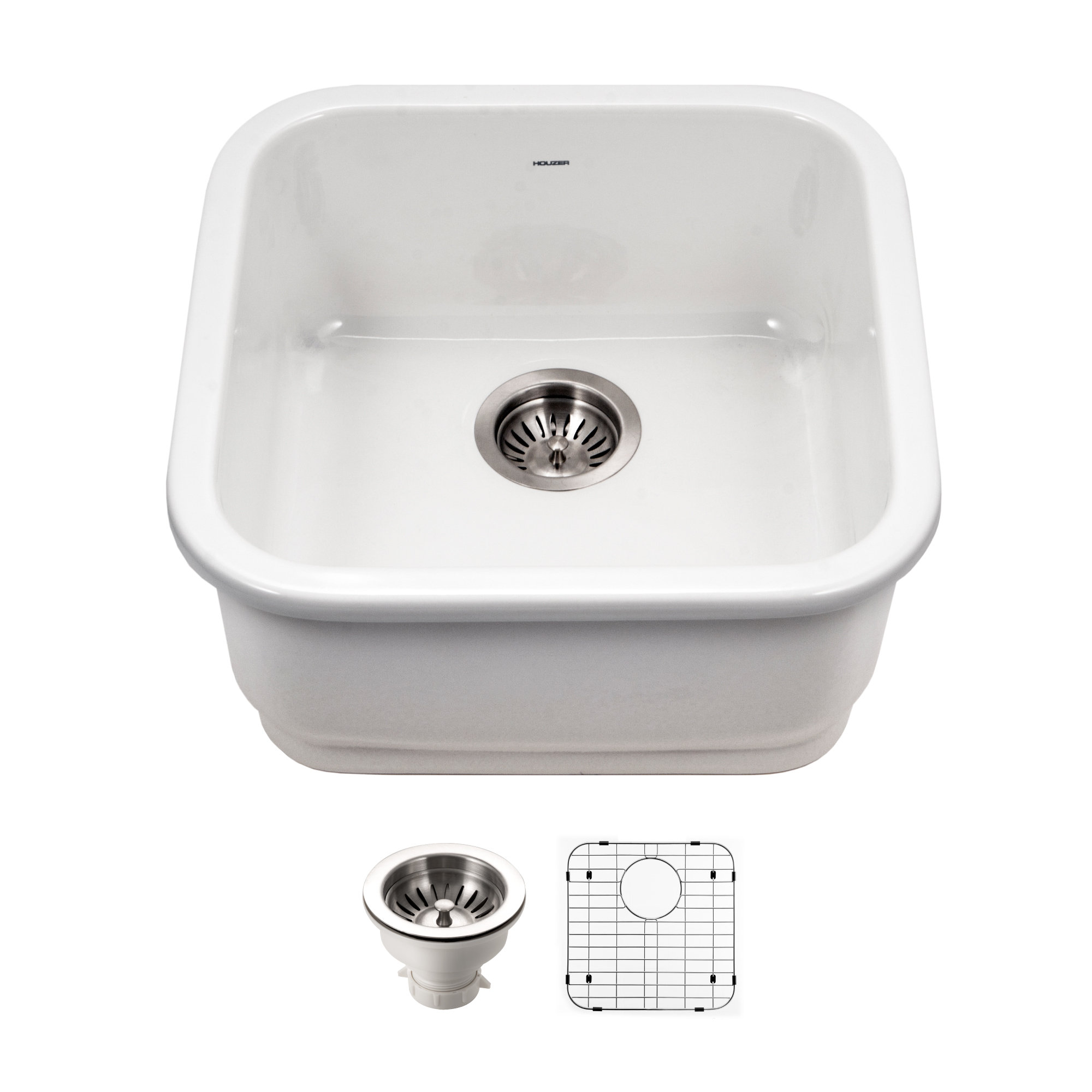 Houzer Platus 19 in Fireclay Undermount Square Bar Sink with Strainer ...