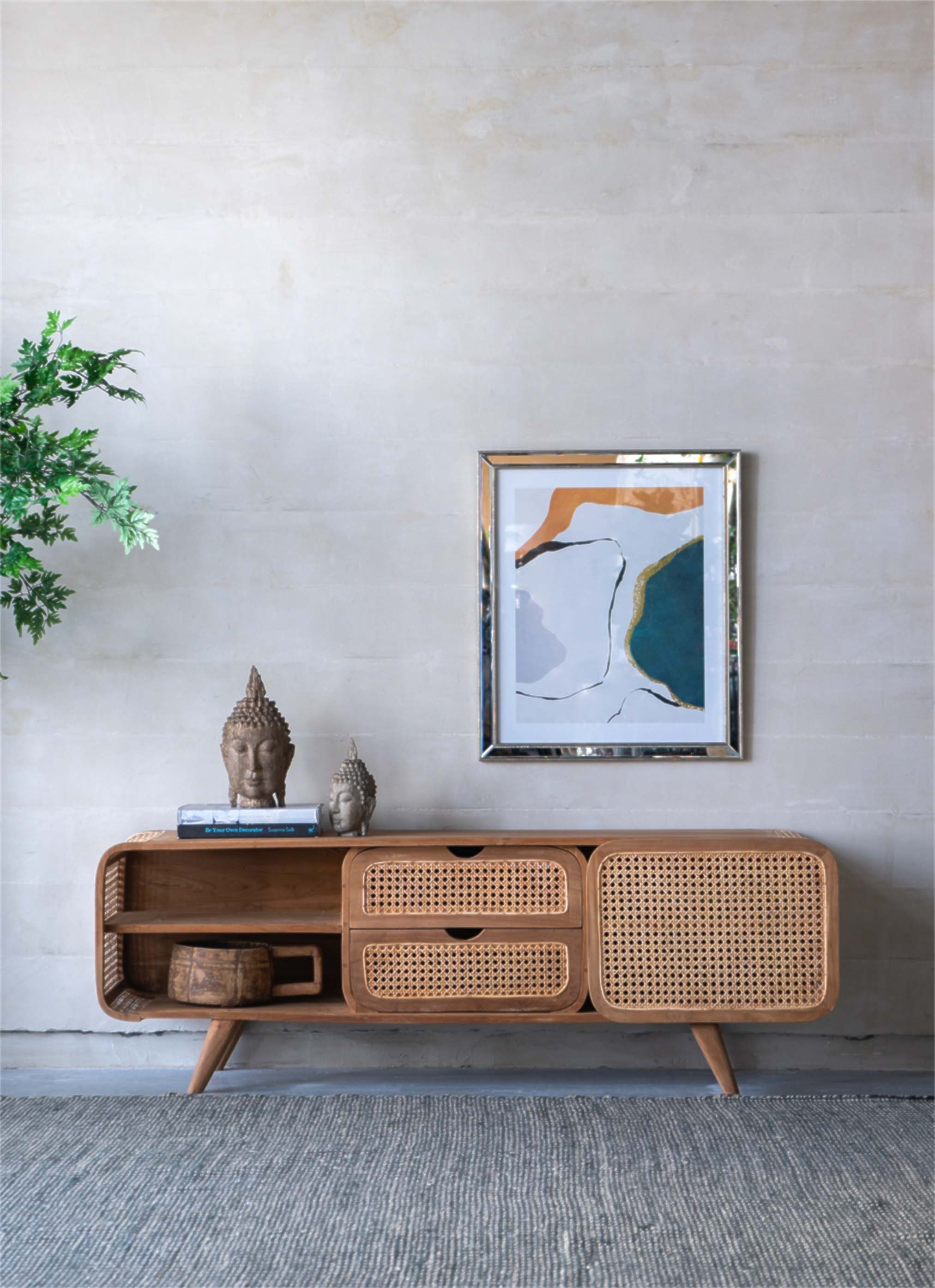 Dakota Fields Stylish Teak and Rattan Media Cabinet with Cord ...