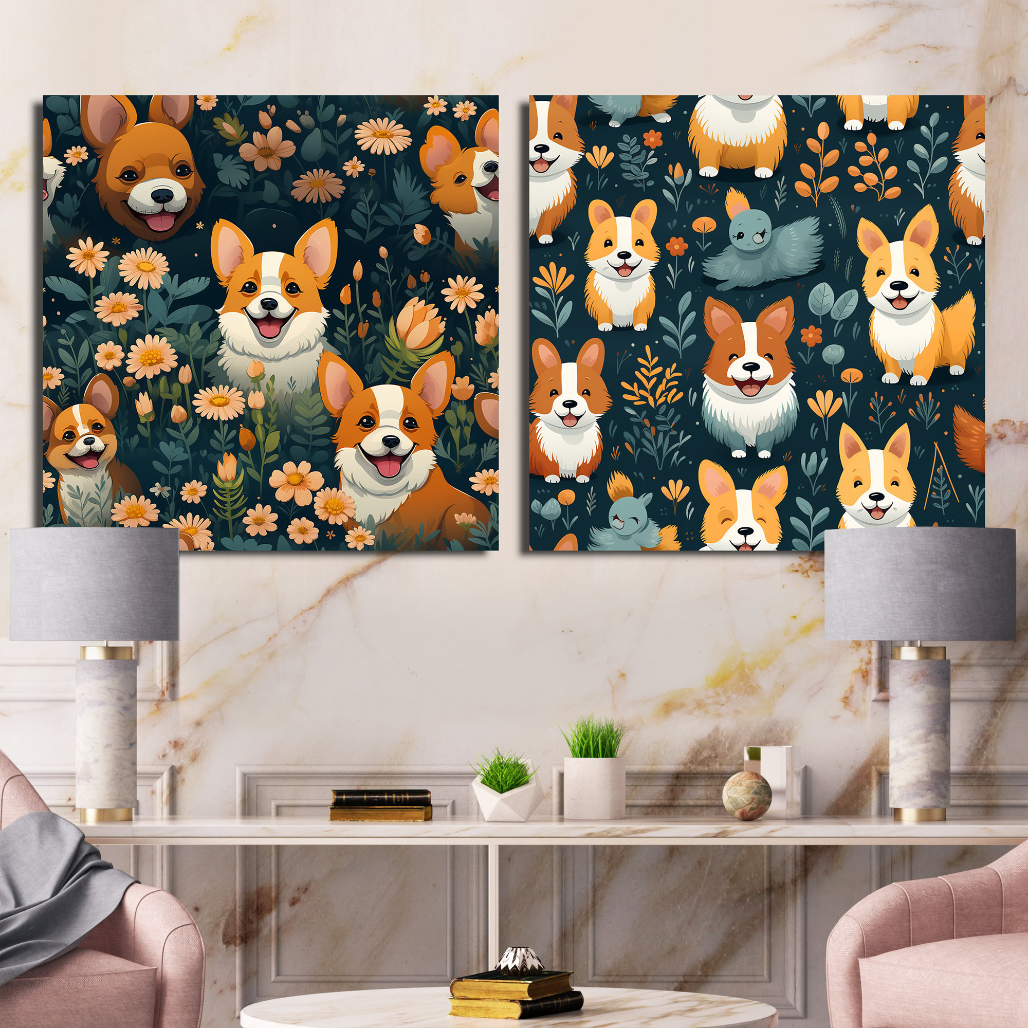 Winston Porter Corgi Cuties - Animals Dog Square Collage Set Of 2 | Wayfair