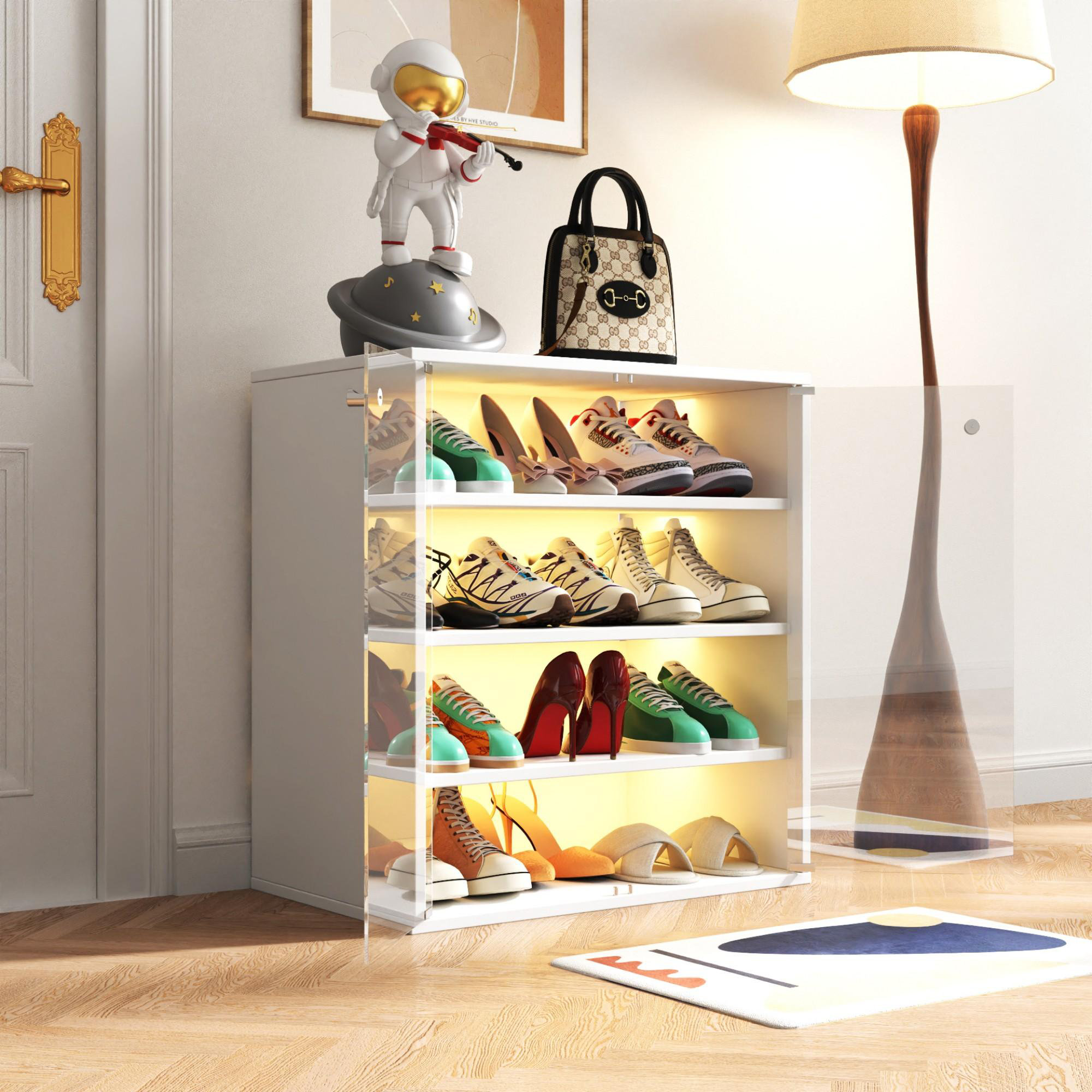 Corrigan Studio® Modern Glass Door Shoebox Shoe Cabinet with LED Lights ...