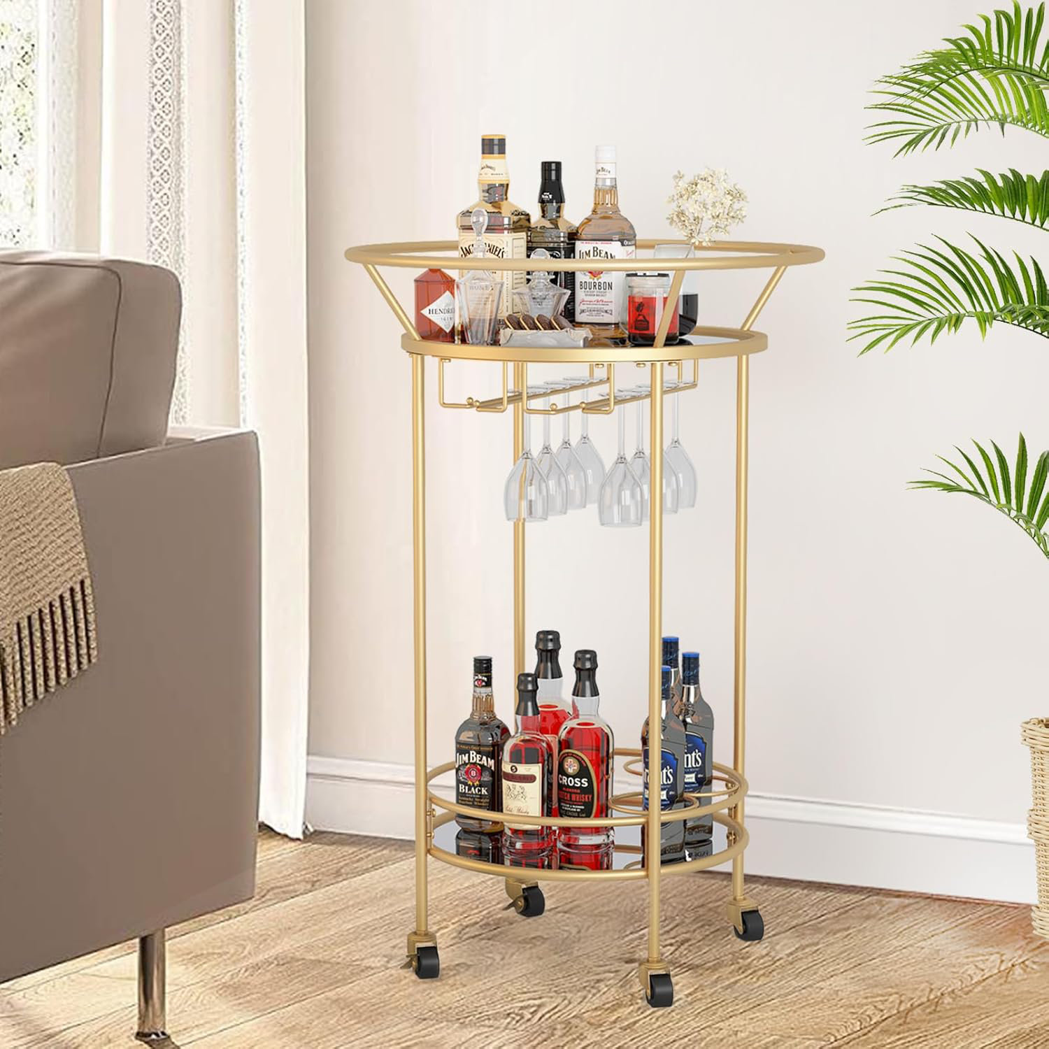Everly Quinn Round Gold Rolling Bar Cart Wine Rack and Lockable Casters ...
