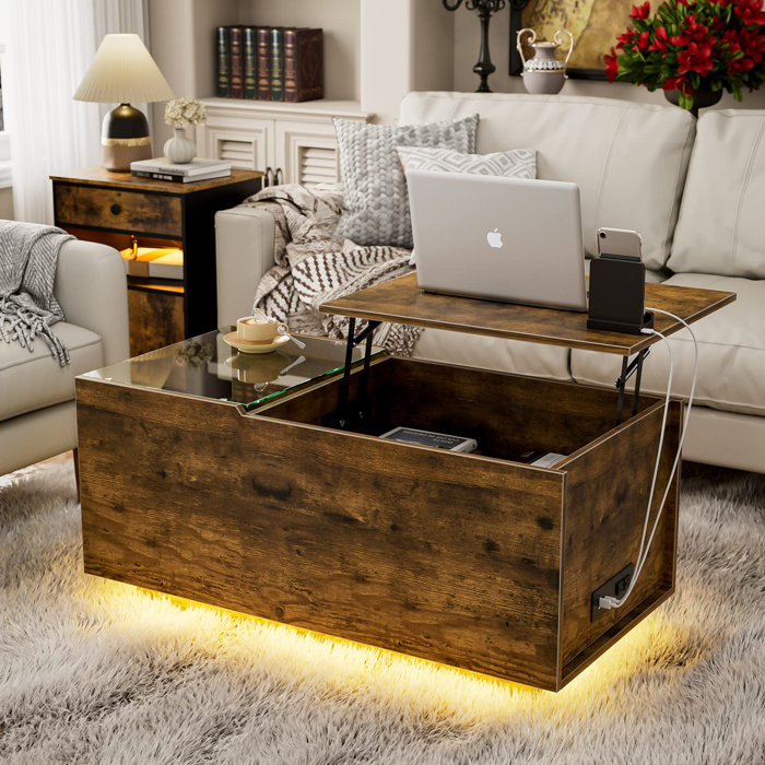 Ivy Bronx Ajhani Lift Top Coffee Table with LED Lights & Charging ...