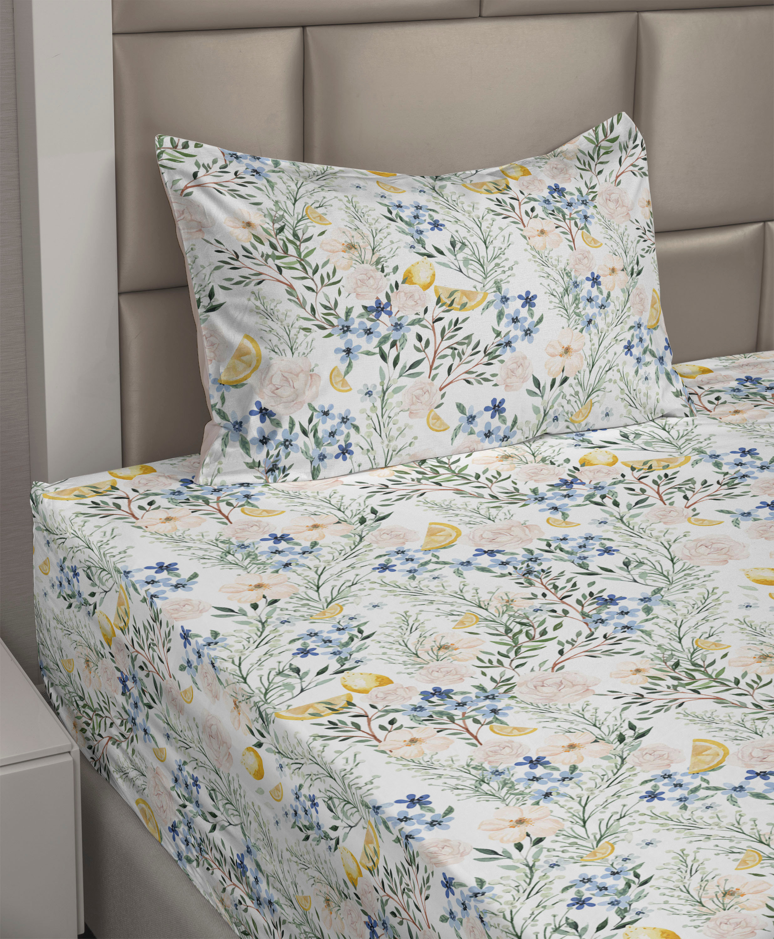 Ambesonne Botanical Sheet Set Print of Lemon and Floral White Fern ...