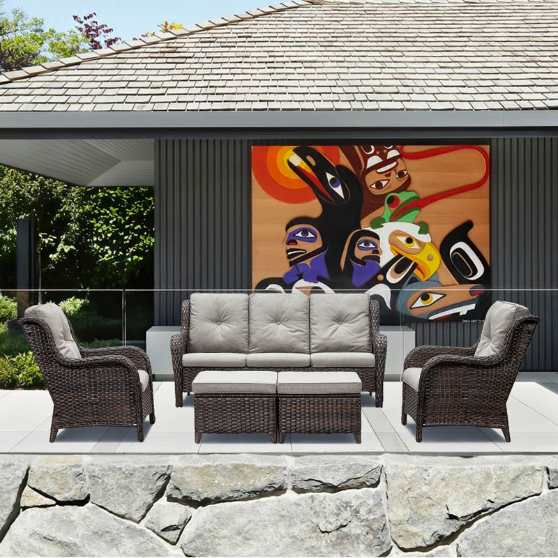 Wildon Home® Bonia Wicker Rattan 5 Piece Complete Patio Set with ...