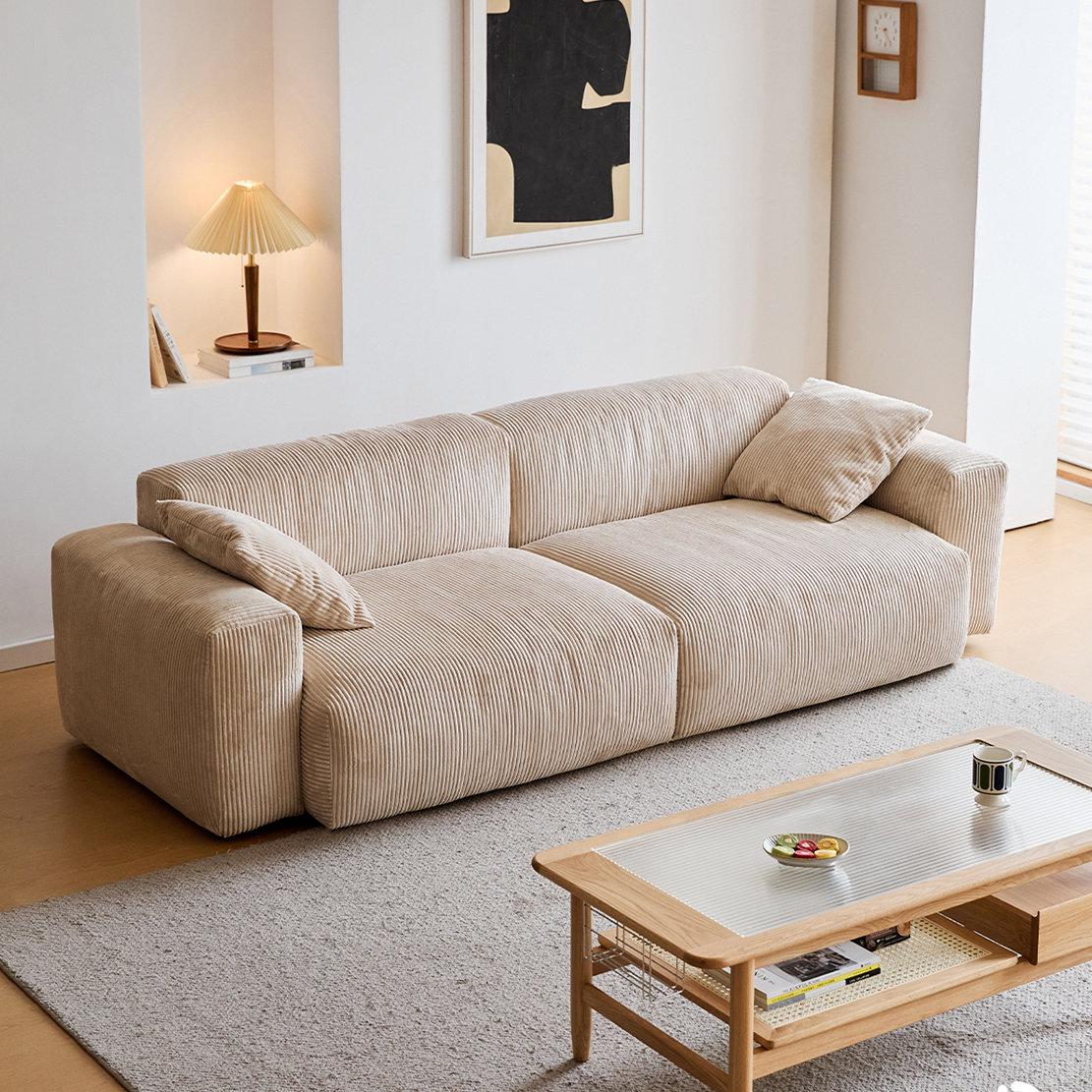 ComfySofa.s Modern Cream Square Simple Fabric Sofa Recessed Arm ...