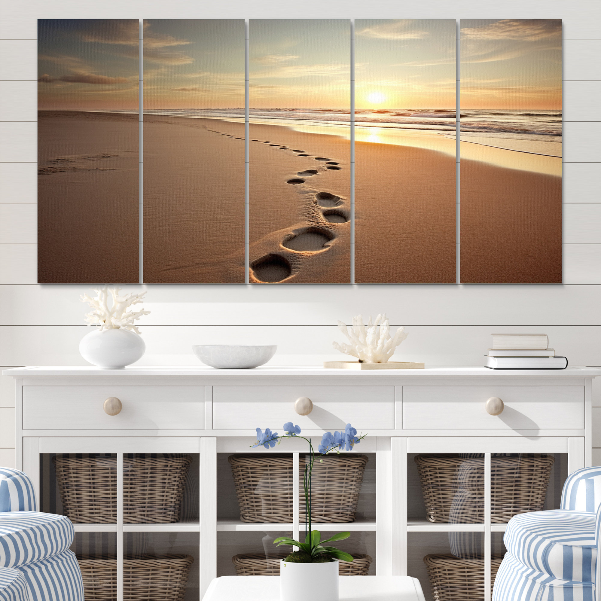 Design Art Beach Photo Footprints in VII - 5 Piece No Frame Print on ...