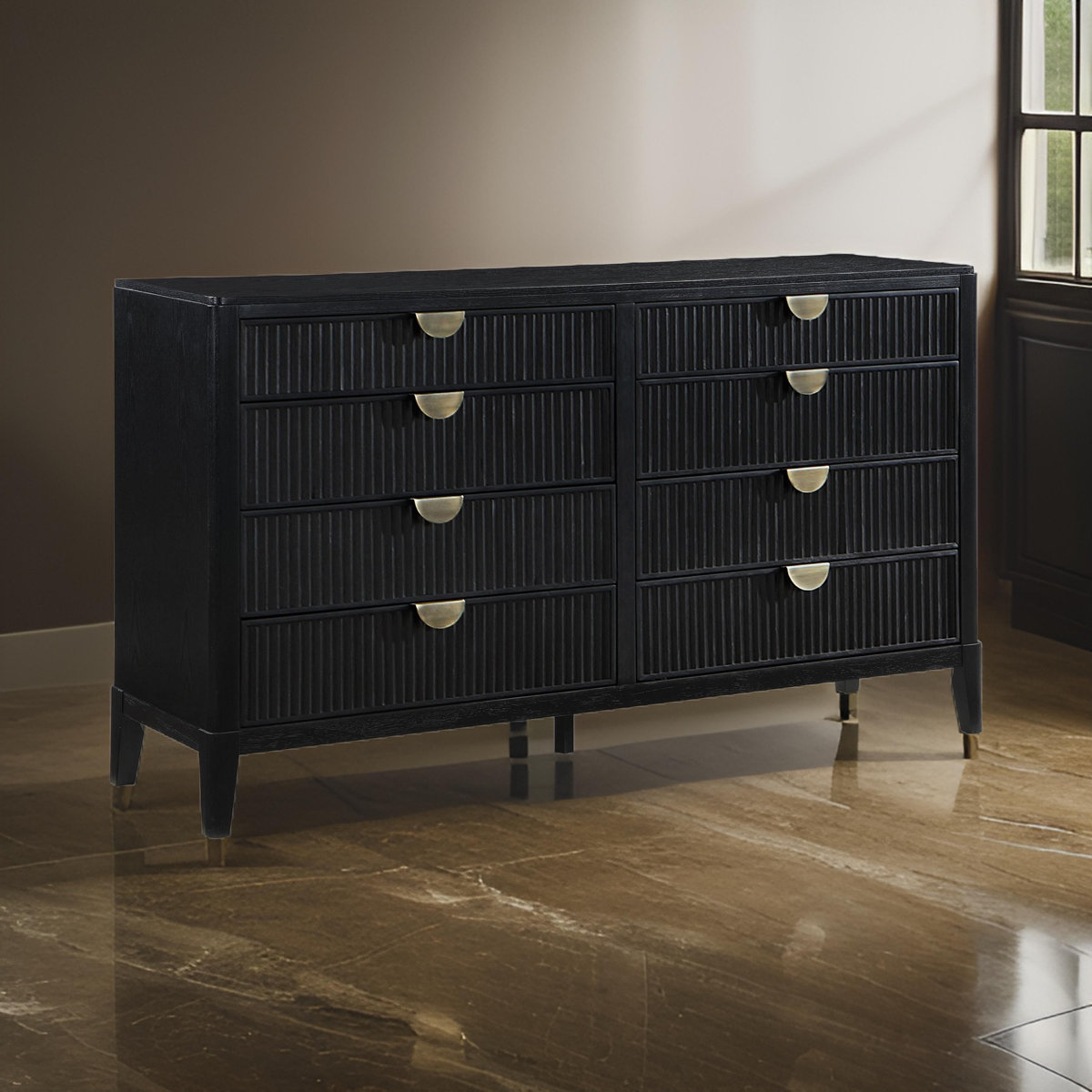 Benjara Jack Dresser, 8 Drawers, Gold Tone Metal Handles, Wire Brushed ...