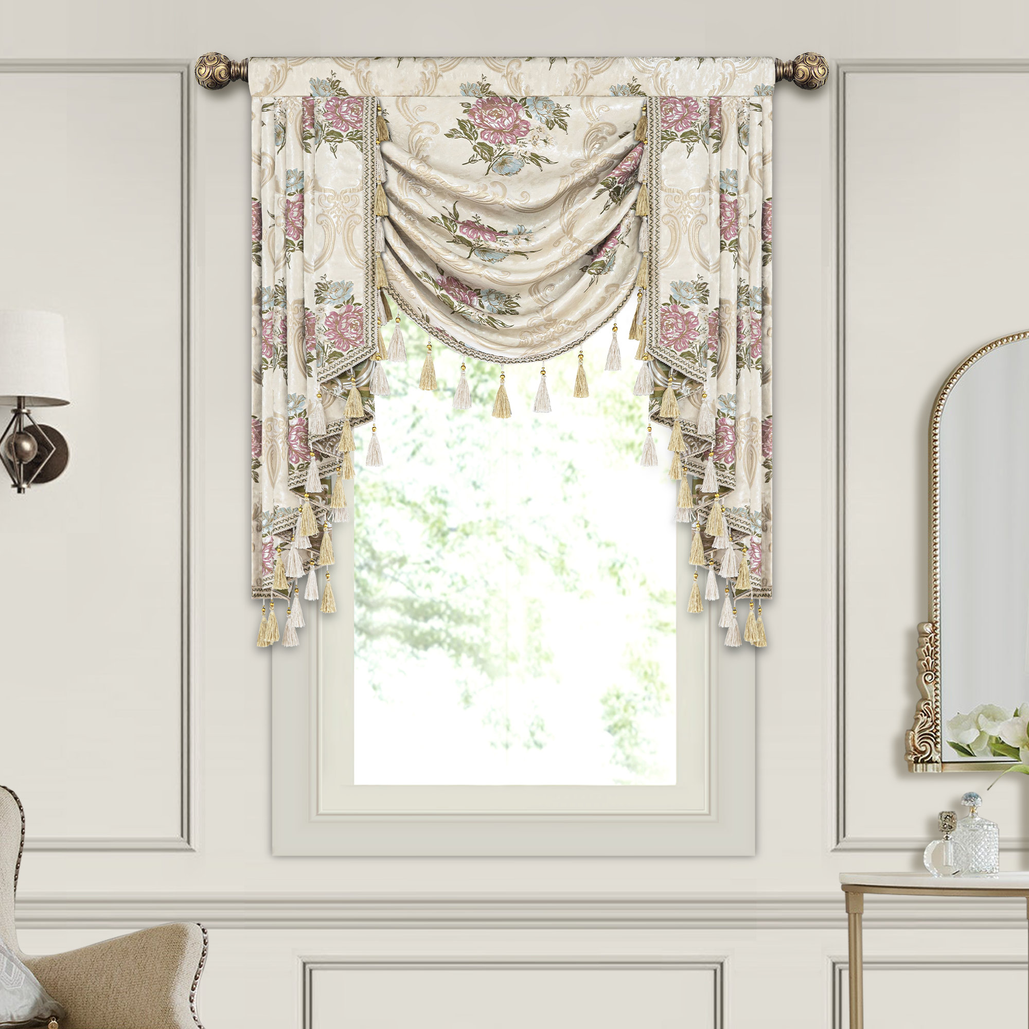 Lark Manor™ Floral Swag Valance with Tassels, Beige Jacquard Waterfall ...