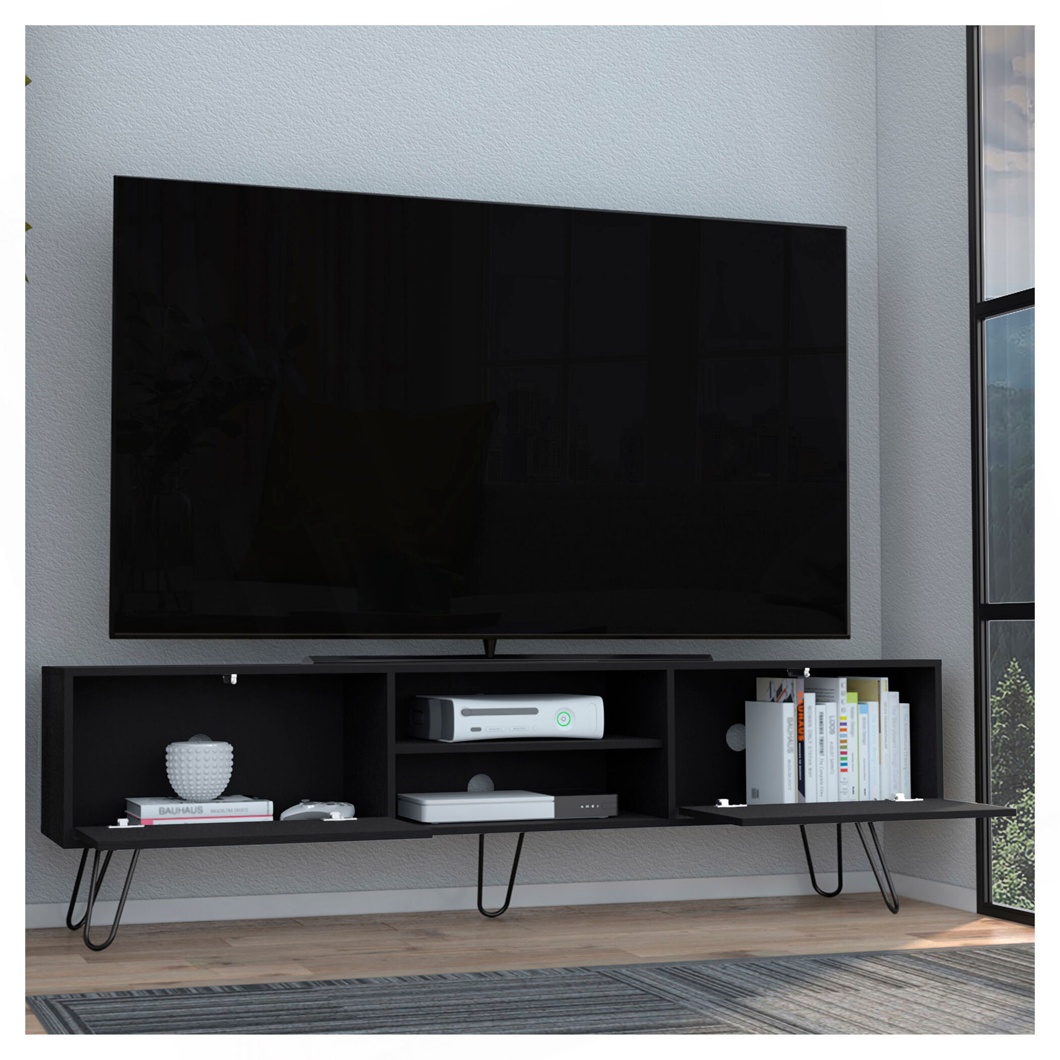 George Oliver Vassel TV Stand with Hinged Drawers and Hairpin Legs ...