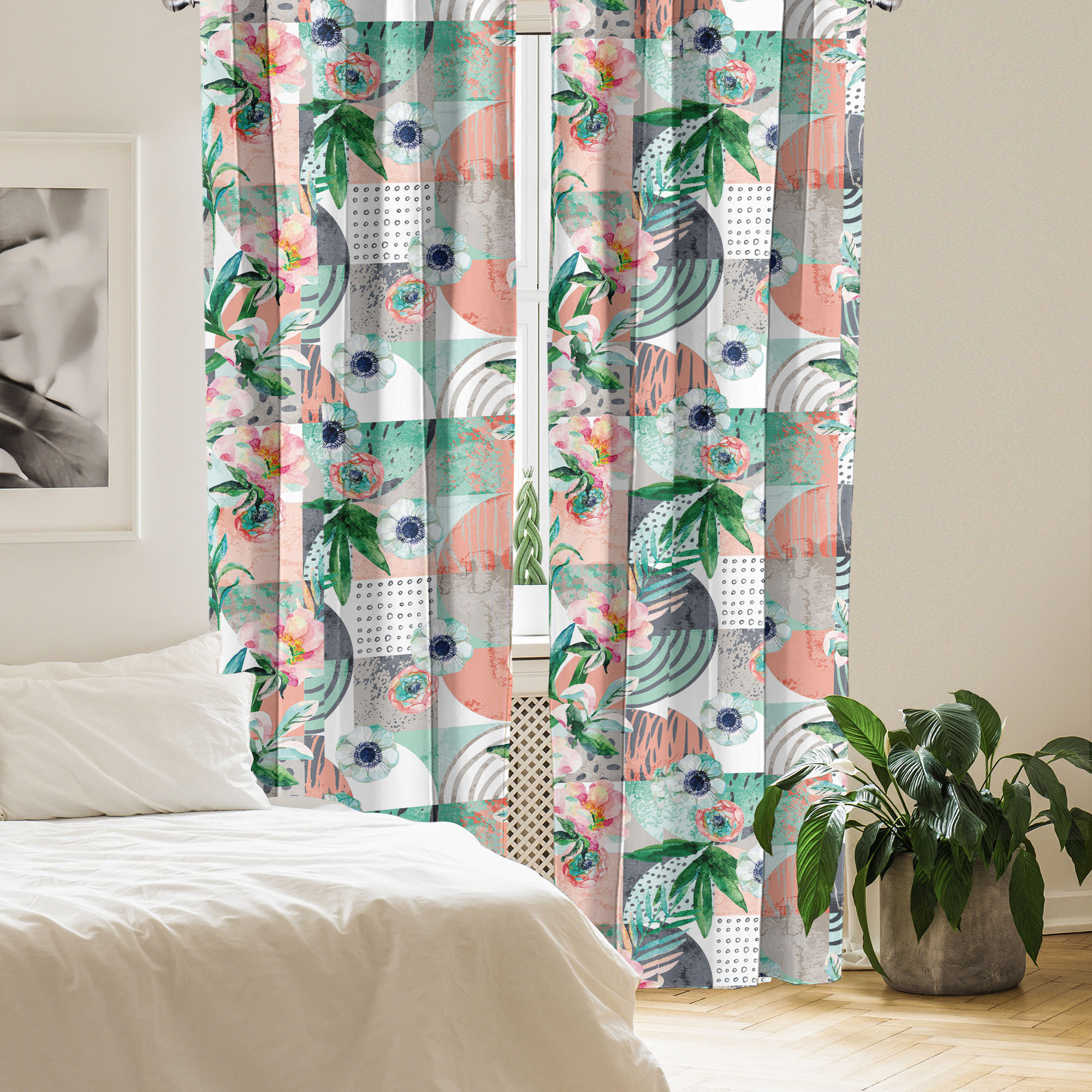 East Urban Home Floral Curtains Flowers Grunge Circles Art Pair of Pale ...
