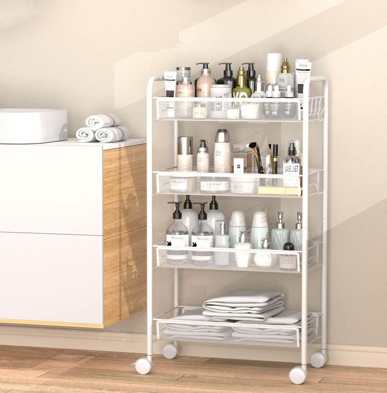Suprib 4 Tier Mesh Wire Rolling Cart, Kitchen Storage Organizer Utility ...