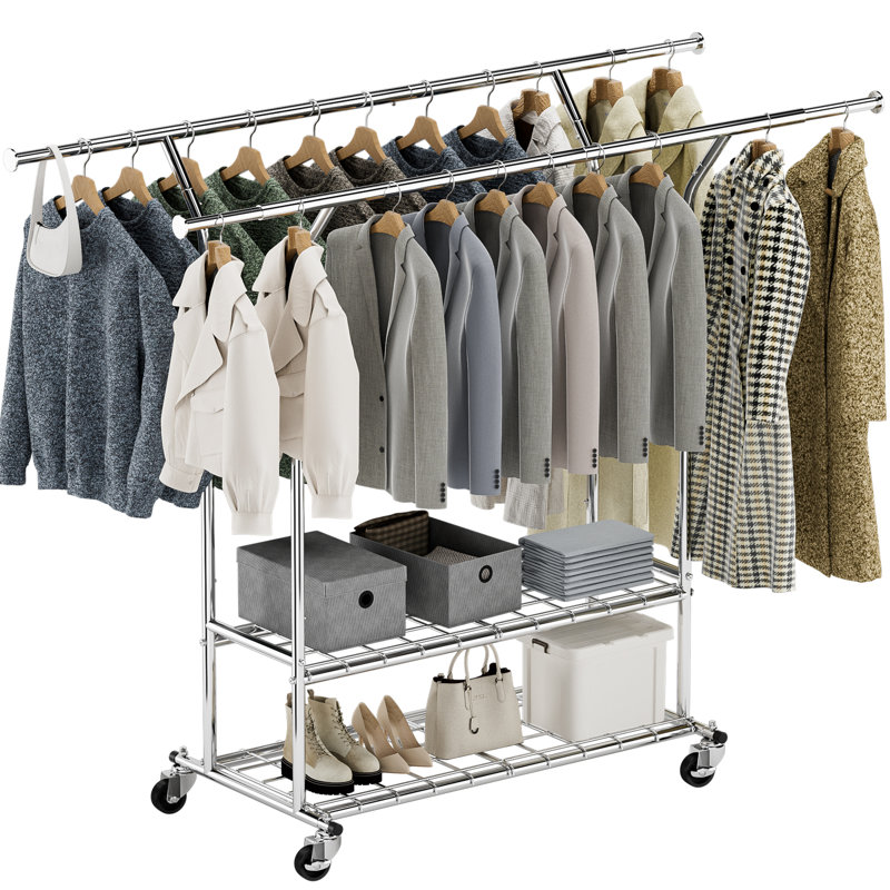 Rebrilliant Freestanding Rolling Garment Rack with Shelves and Wheels ...