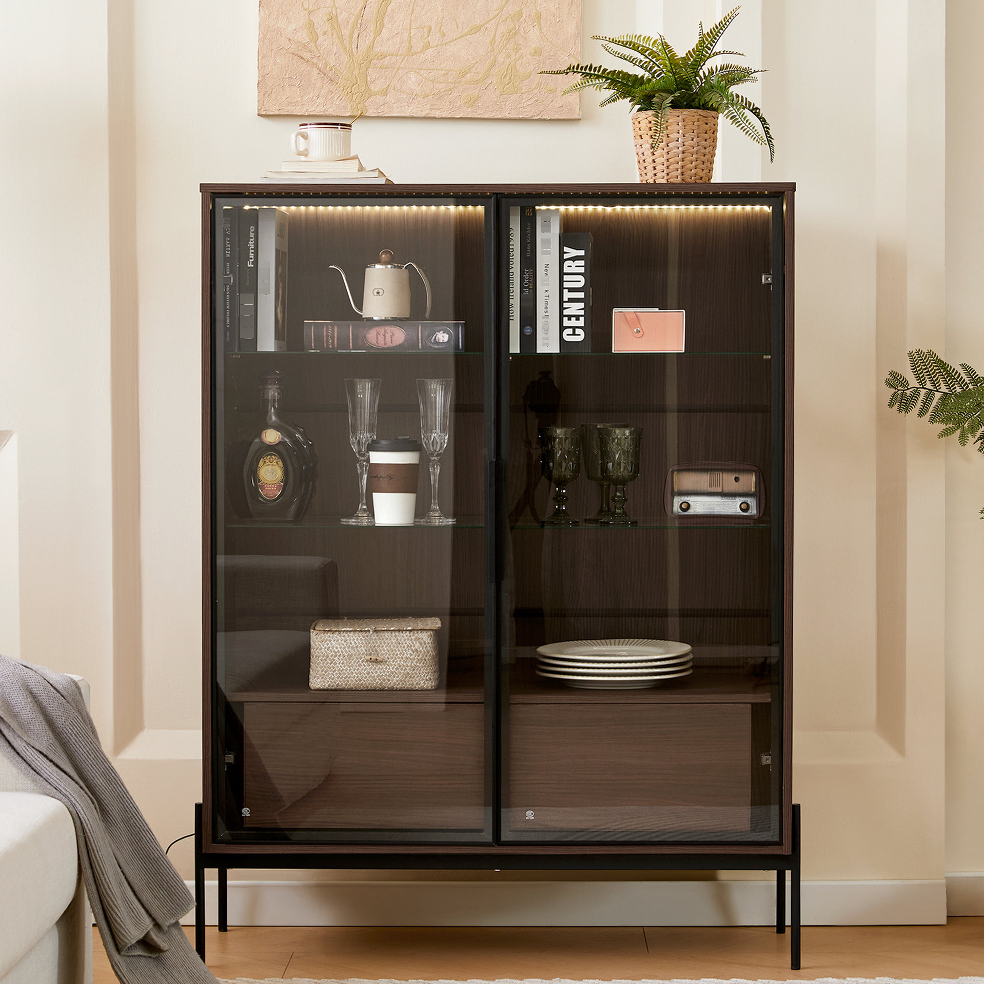 Ivy Bronx Black Cabinet With Led Lights And Tempered Glass Storage ...