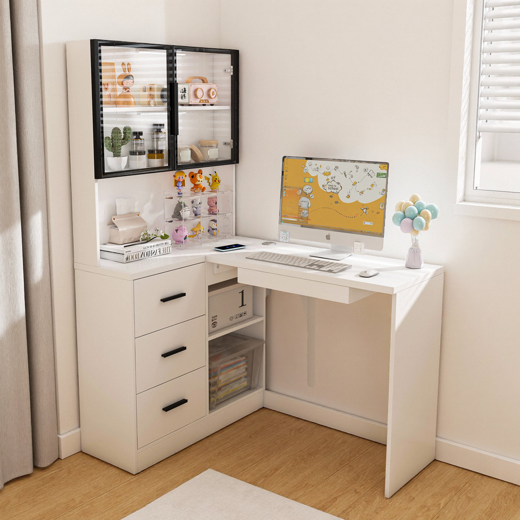 Latitude Run® L-Shaped Computer Desk with Glass Cabinets, LED Lights ...