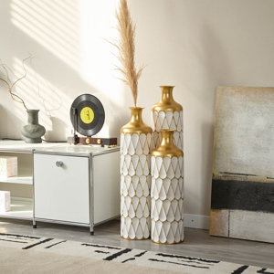 Everly Quinn 3-Piece White Gold Floor Vase, Golden Prism Design, Tall ...