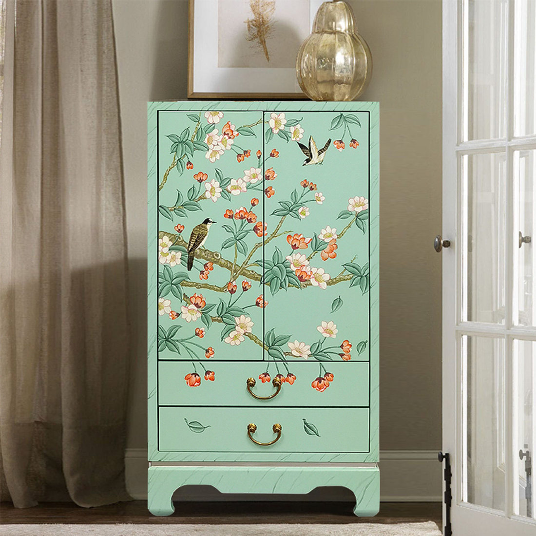 Vivid Space Creation Solid Wood Storage Cabinet with Hand-Painted Art ...