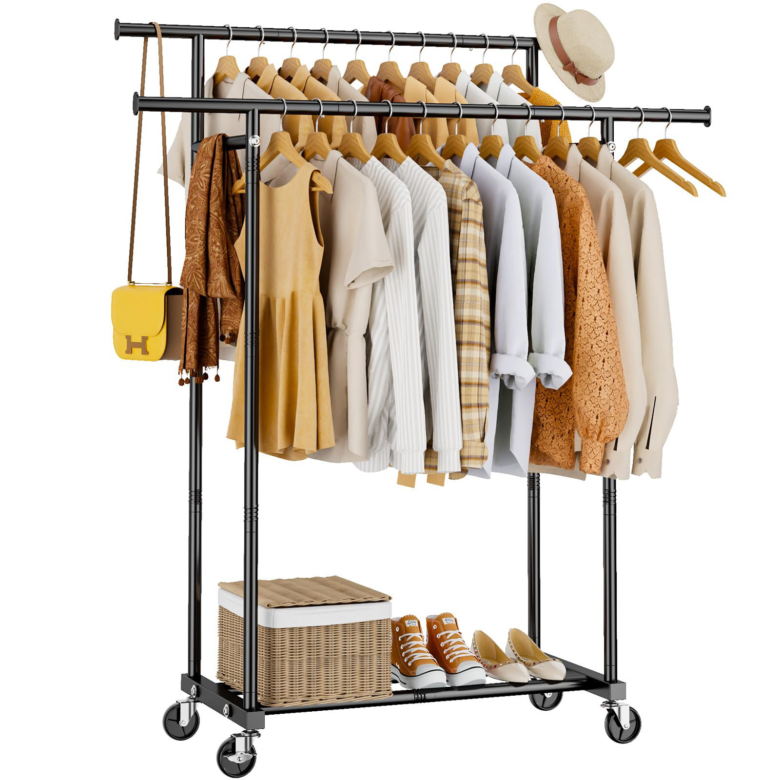 Rebrilliant Double Rods Clothes Rack, Sturdy Rolling Clothing Rack ...