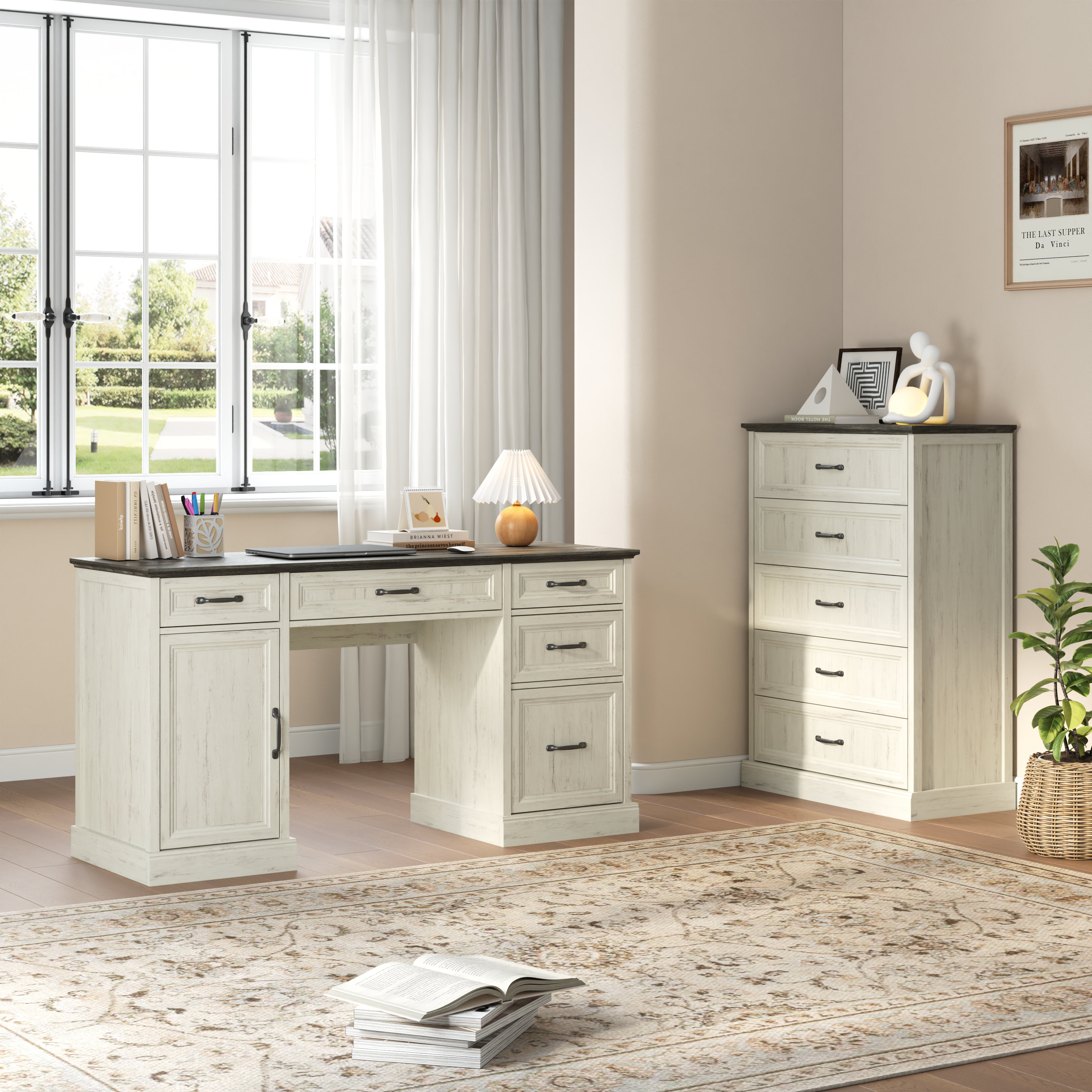 Wrought Studio™ Modern Home Office Set – Desk with 6 Drawers & Tall ...