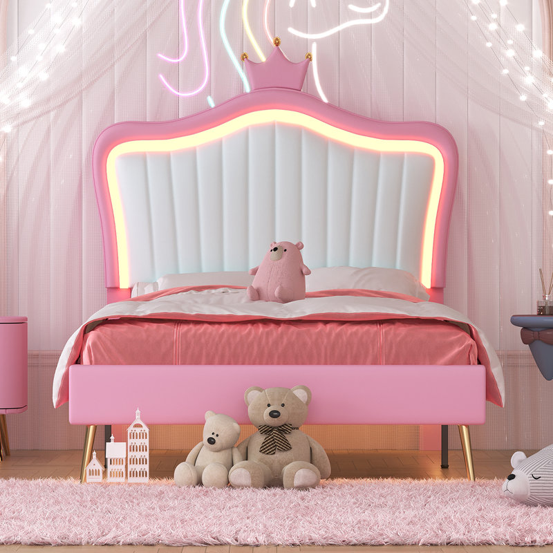 Gemma Violet PU Upholstered Princess Bed with LED lights, Crown Decor ...