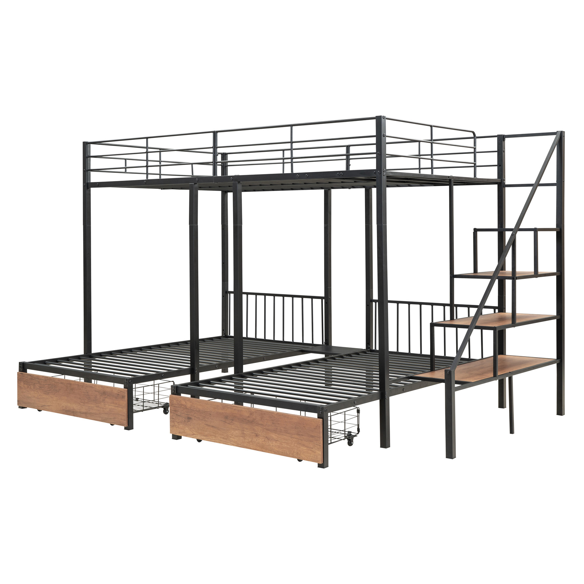 Mason & Marbles Full Over Twin-Twin Triple Bunk Bed With Drawers And Staircase, Black | Wayfair