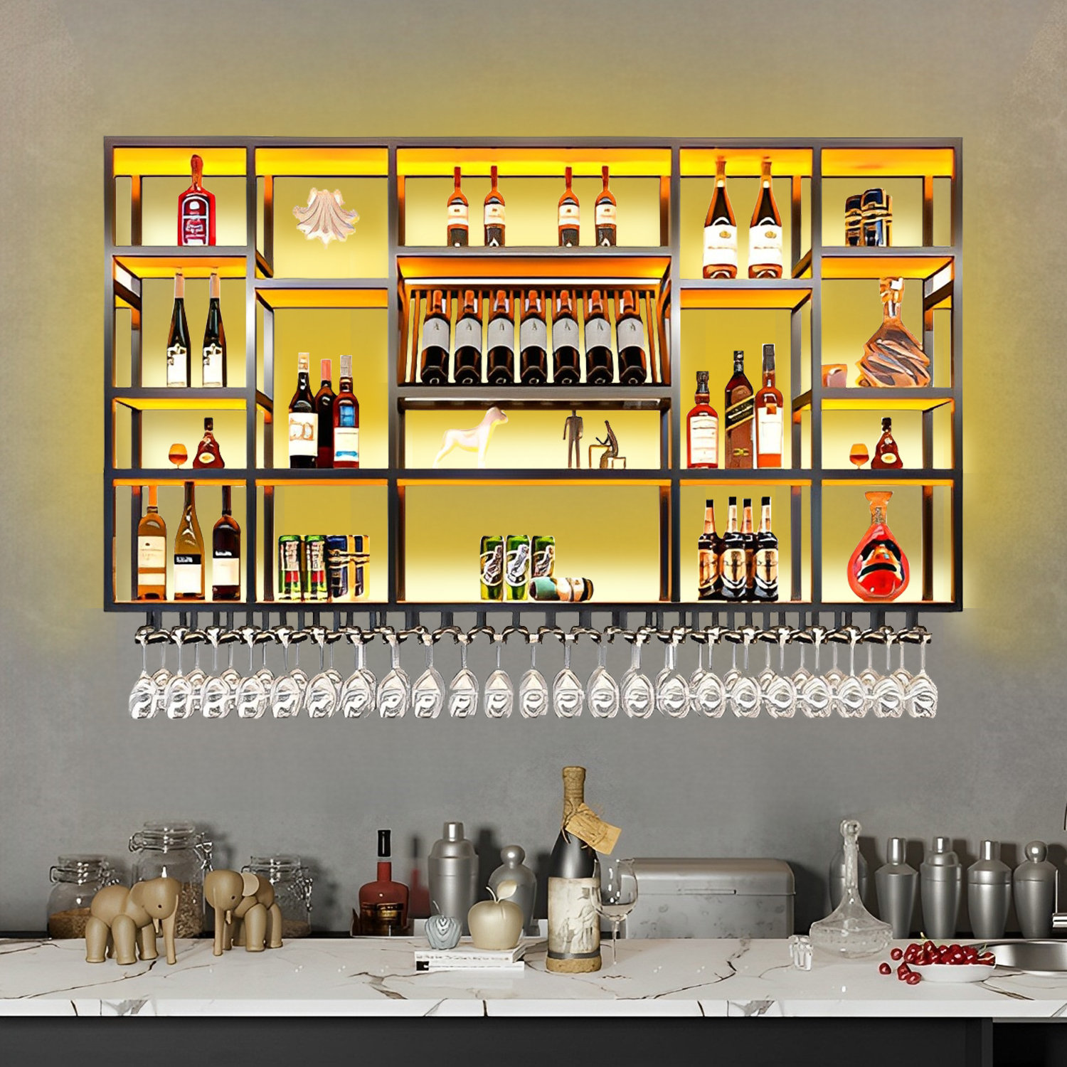 Bungalow Rose Jozey Wall Mounted Wine Bottle & Glass Rack in Black ...