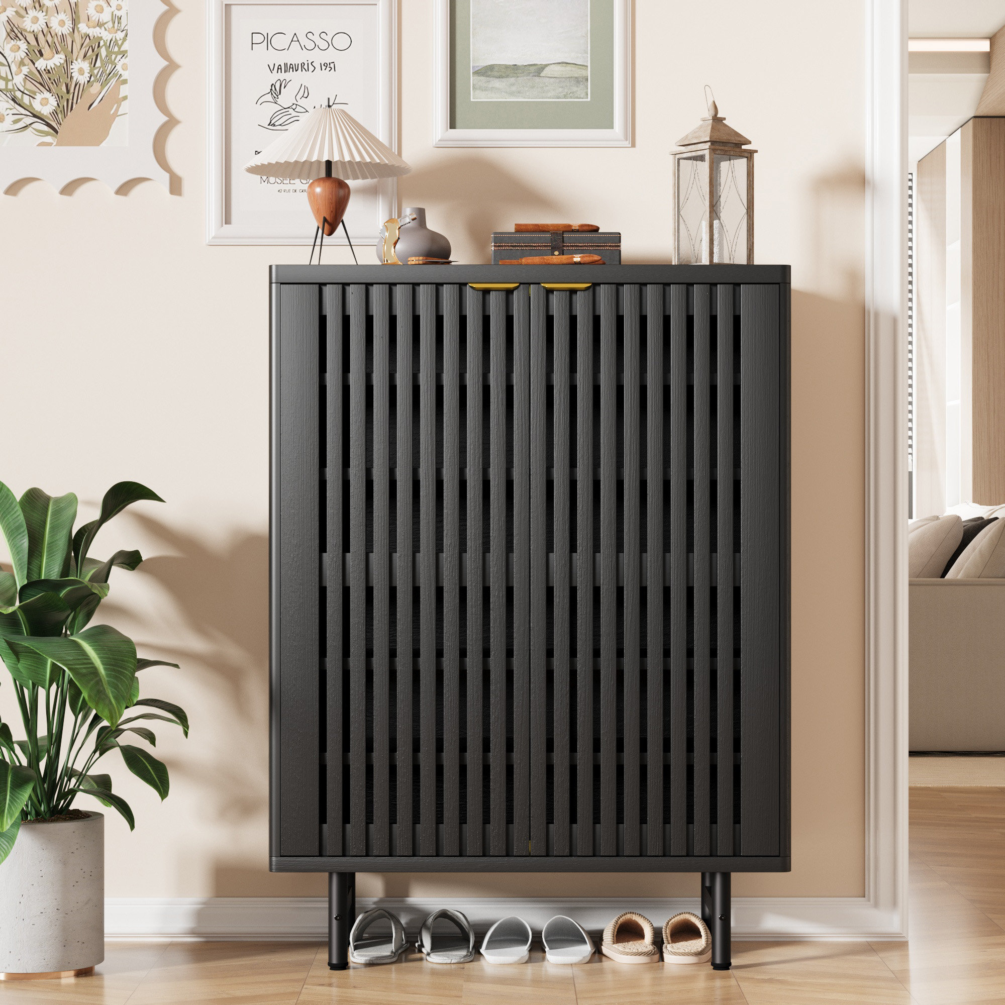 Rebrilliant 6-Tier Shoe Cabinet with Louver Doors Wooden Shoe Storage ...