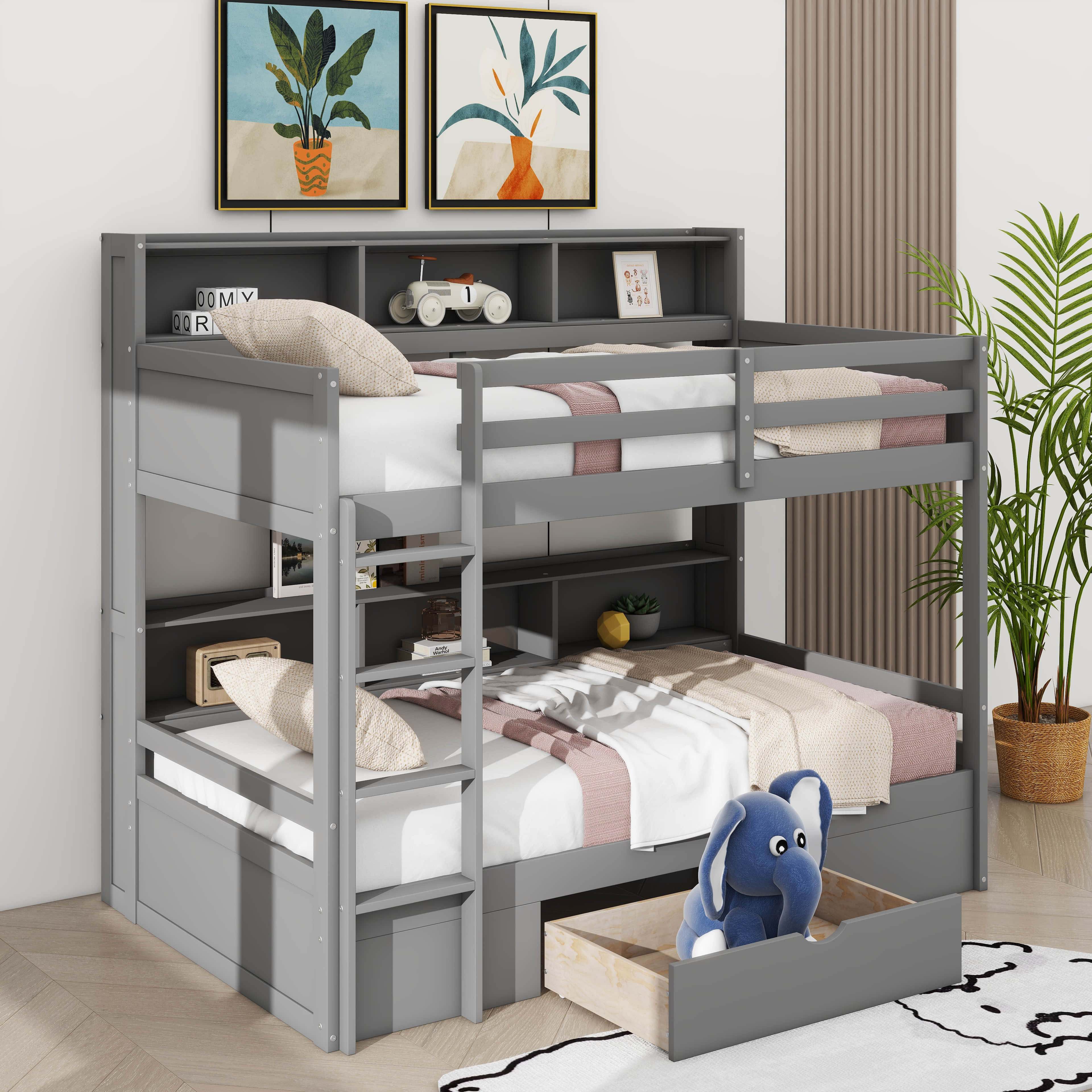 Latitude Run® Twin-Size Bunk Bed With Built-In Shelves On Both Upper ...