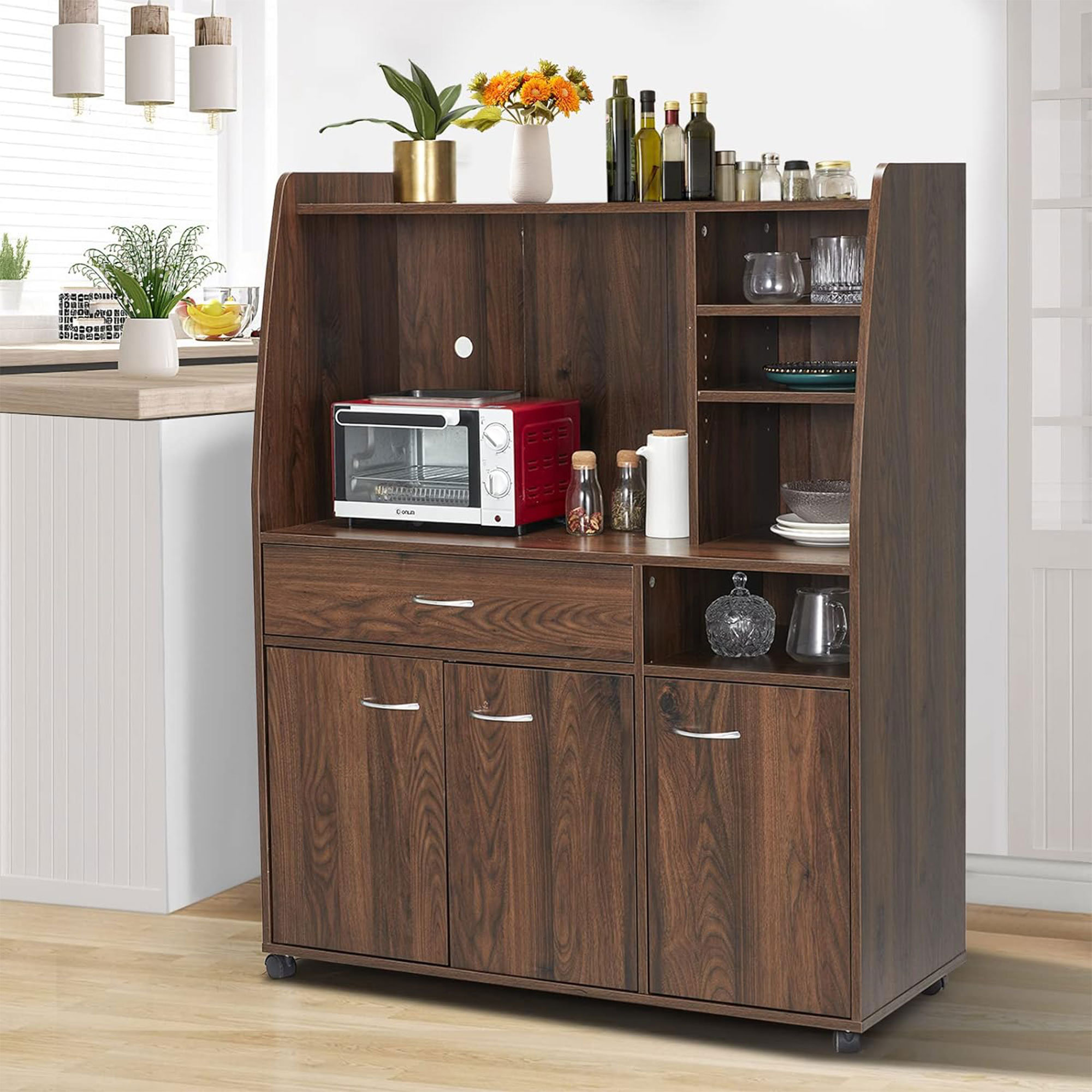 Ebern Designs Kitchen Pantry Microwave Storage Cabinet with Wheels ...