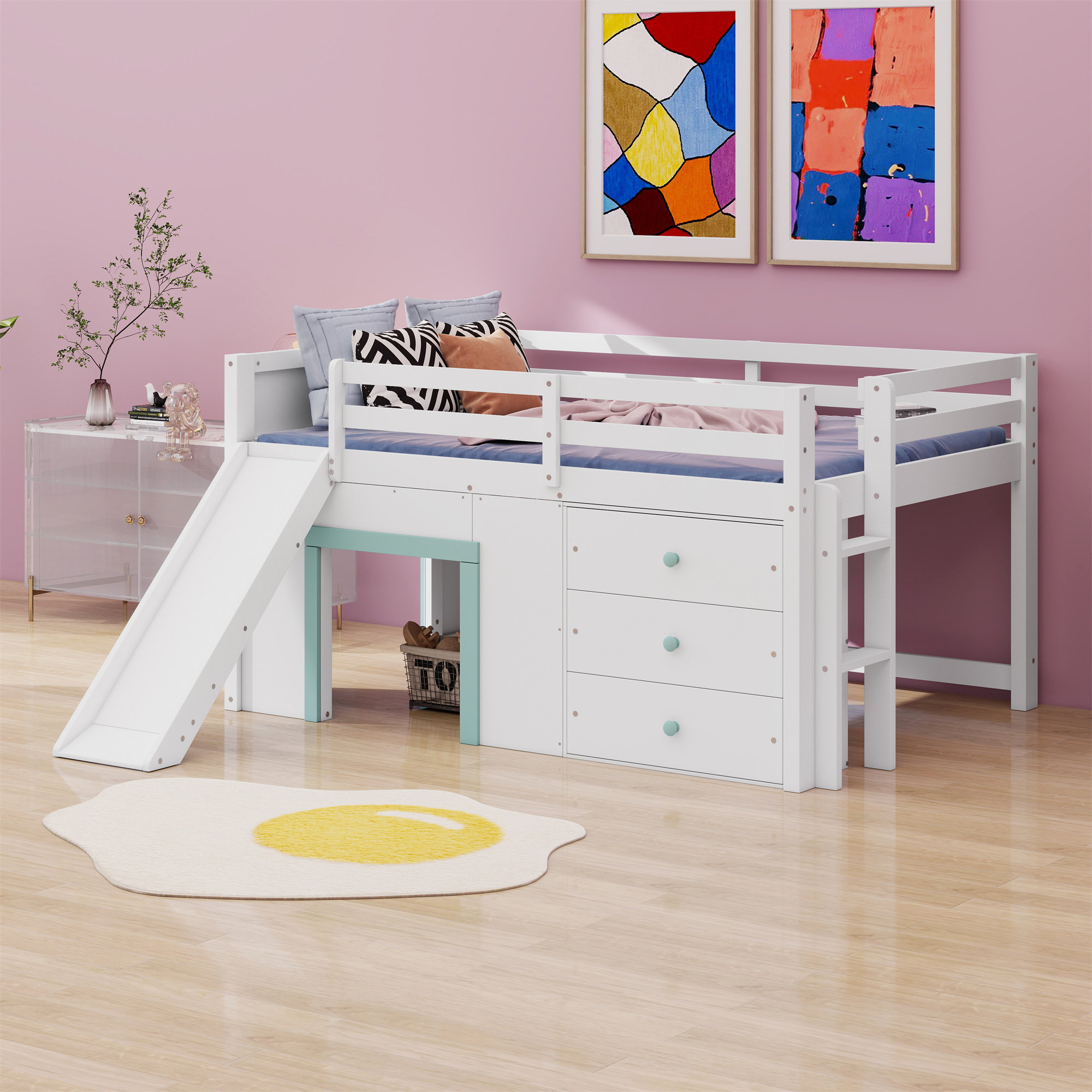 Harriet Bee Low Loft Bed With Slide,Three Storage Drawers And Two Doors ...