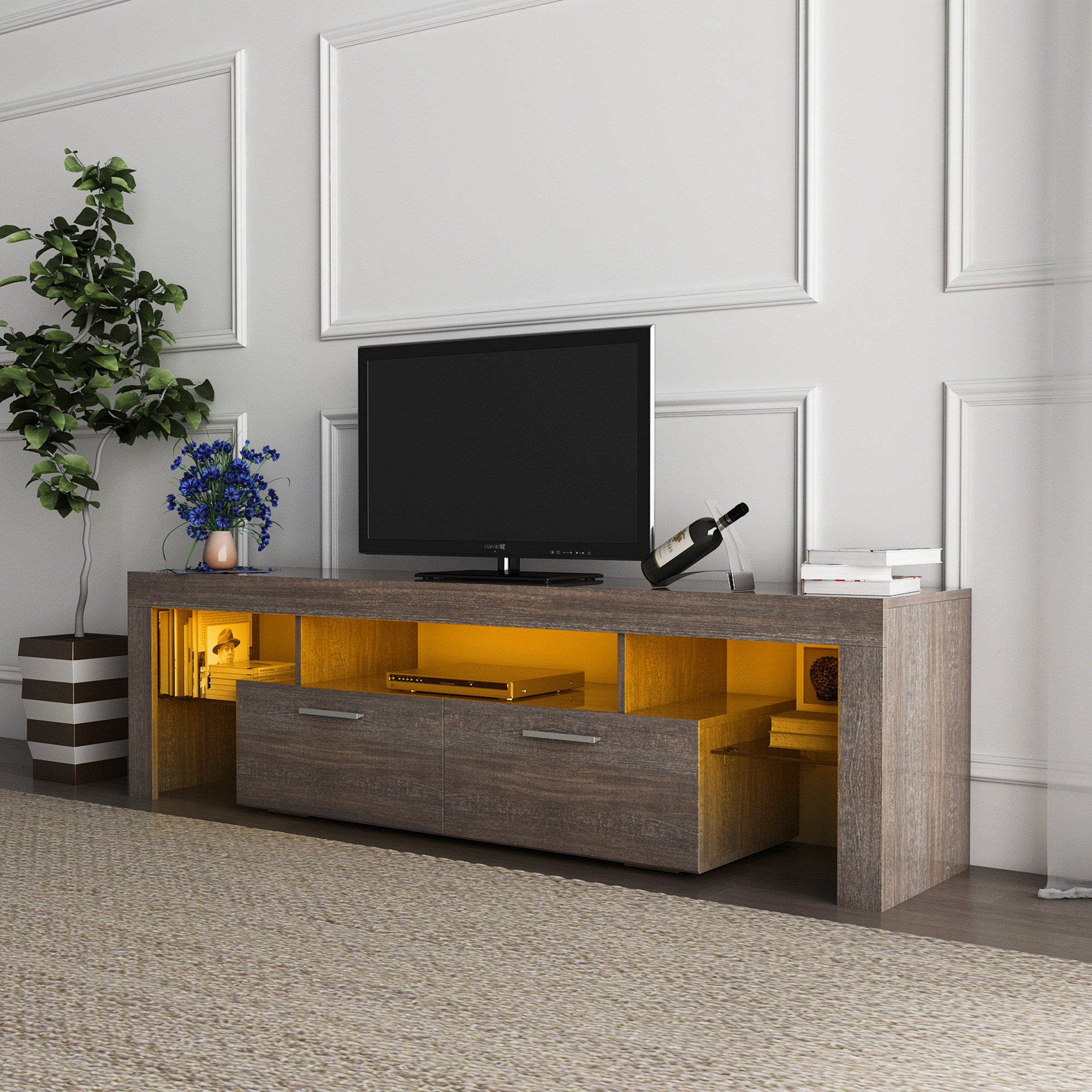 Ivy Bronx Antwann Modern LED TV Stand for 70" TVs, Wood Entertainment ...