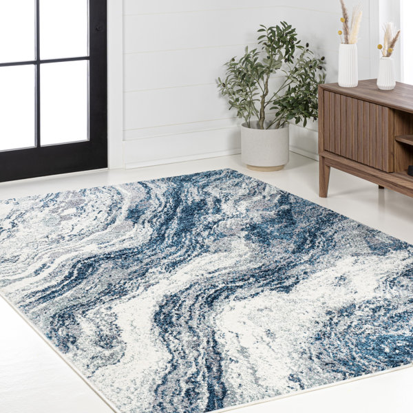 Ivy Bronx Olvin Contemporary Glam Abstract Marble Navy/Cream Rug | Wayfair