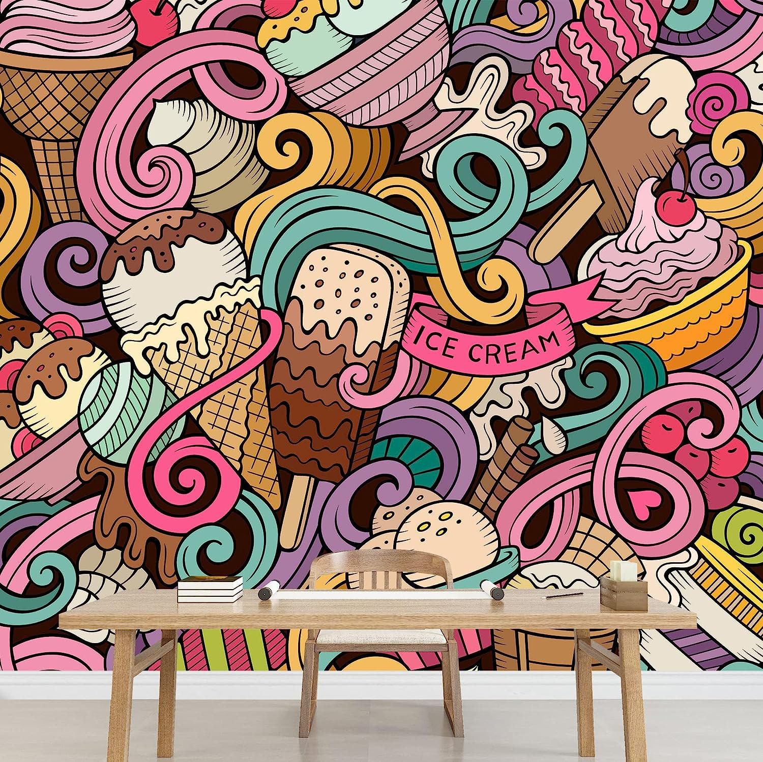 IDEA4WALL Vibrant Graffi Street Paint Cartoon Handdrawn Ice Cream ...