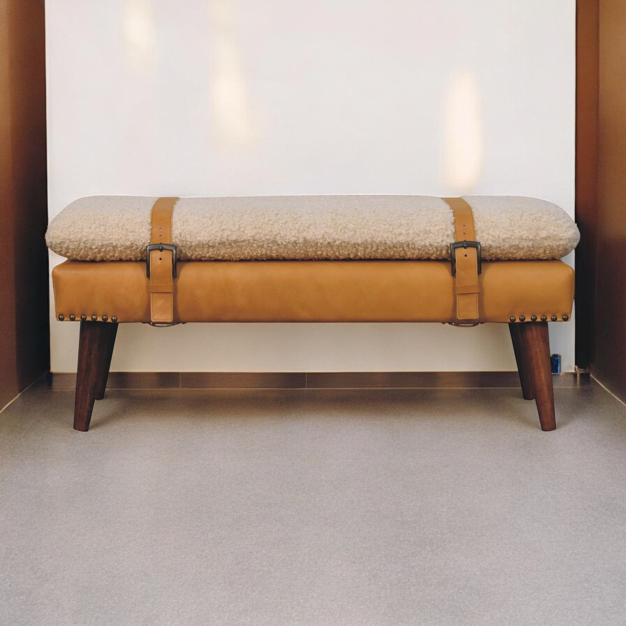 Union Rustic Marisal Boucle X Tan Leather Bench | Wayfair