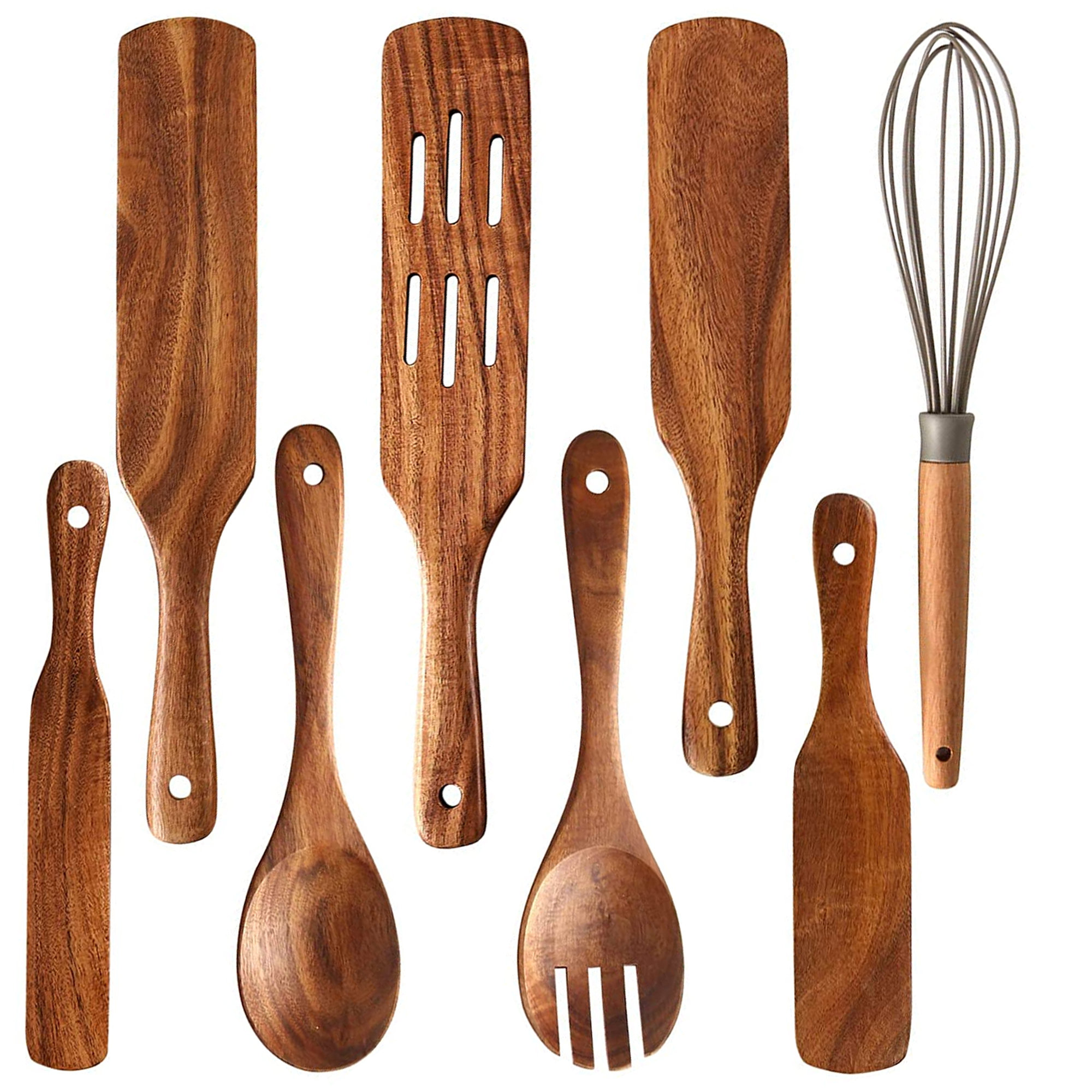 AIRPJ 8 PCS Cooking Utensil Set,Wooden Kitchen Utensils Set,Non-Stick ...