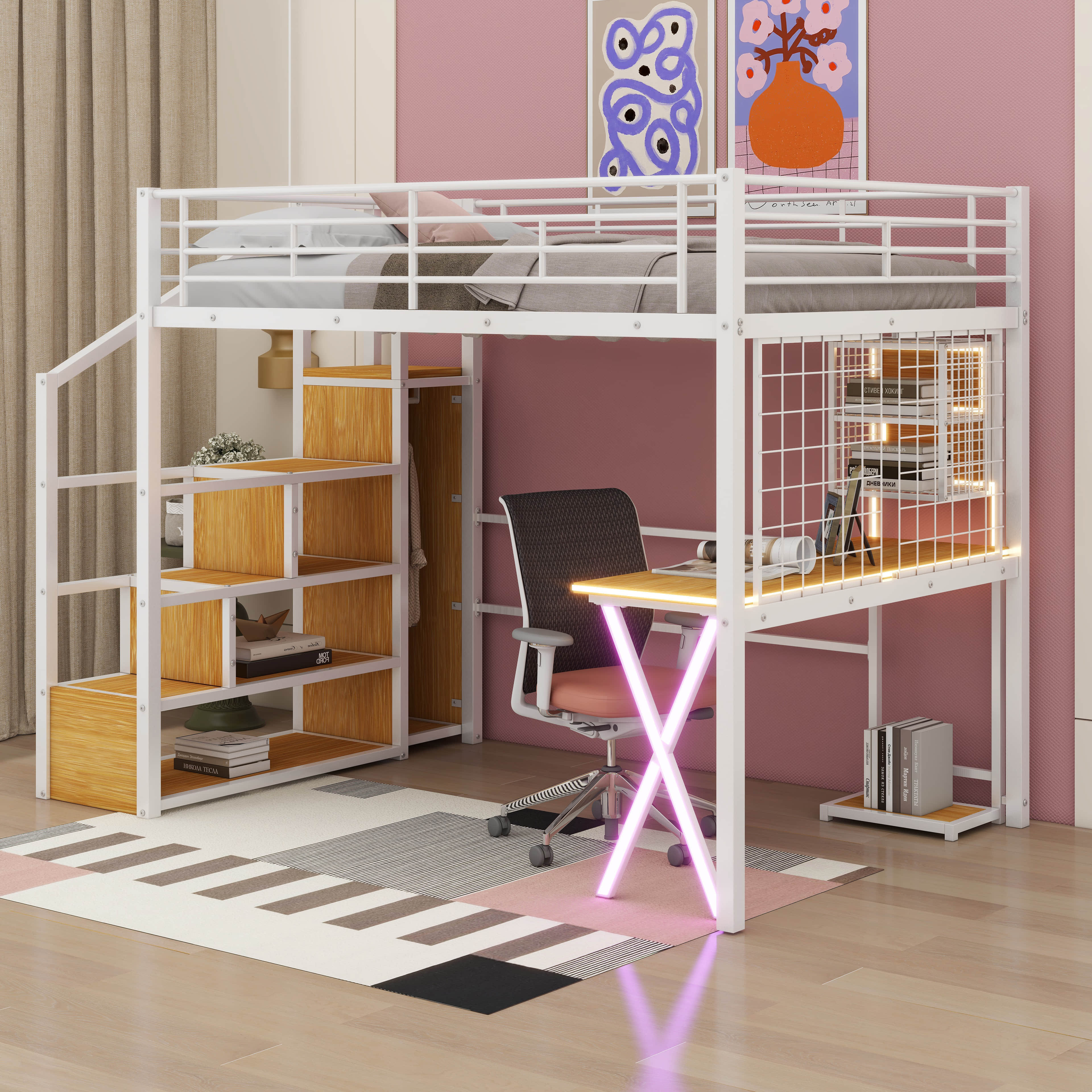 Latitude Run® Full Size Gaming Metal Loft Bed With Desk, Wardrobe And ...