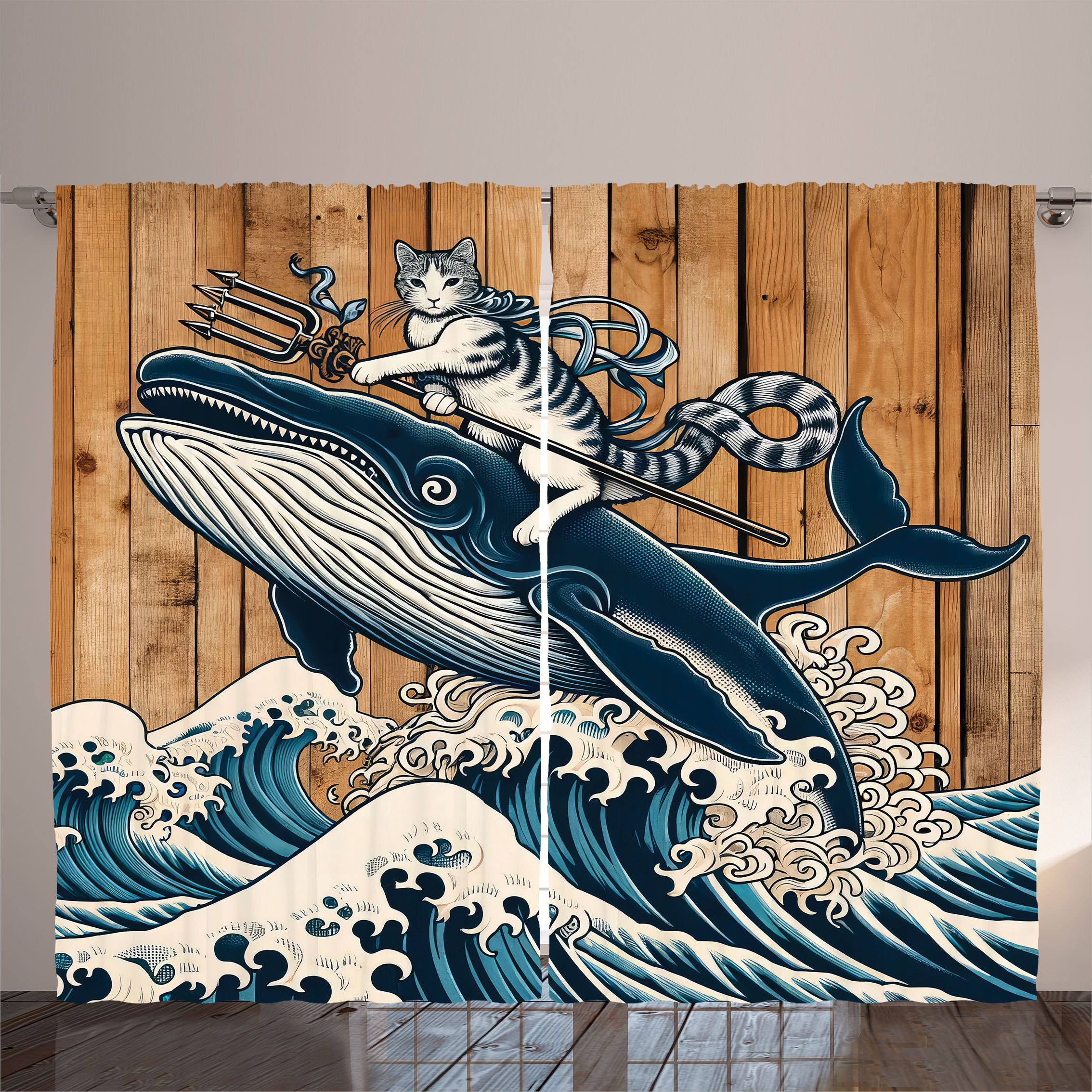 Ambesonne Curtains 2 Panel Set, Hero Cat Riding a Whale Pale Caramel ...
