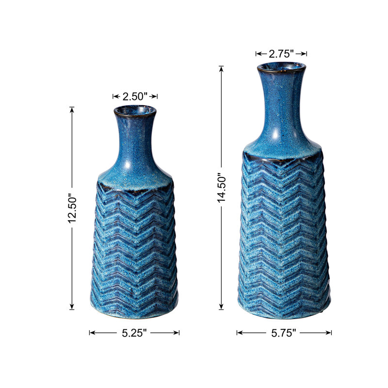 Glitzhome Modern Brilliant Blue Chevron Ceramic Table Vases | Wayfair