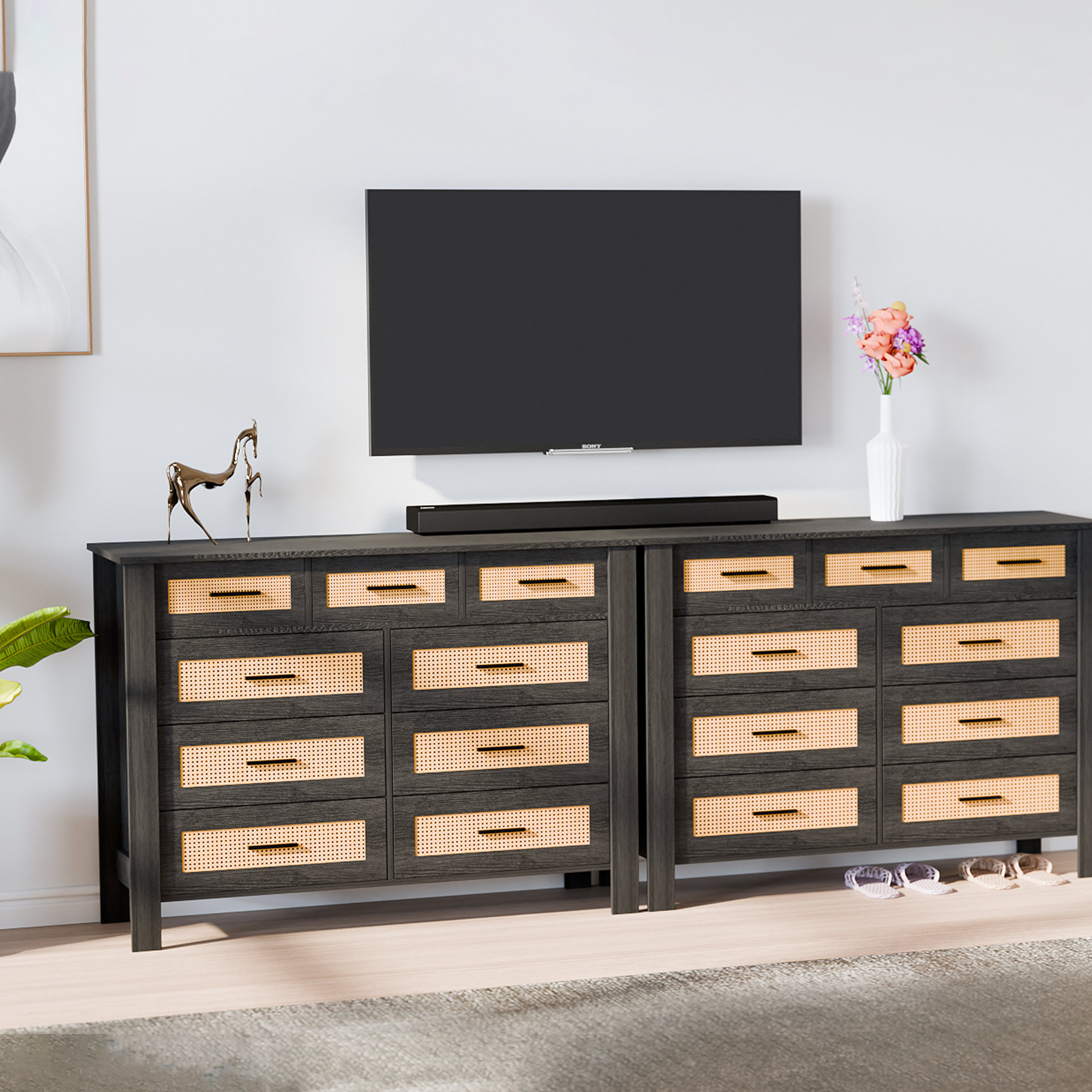 Bay Isle Home™ 94 Inch Drawer Dresser For Bedroom, Rattan Chest Of ...
