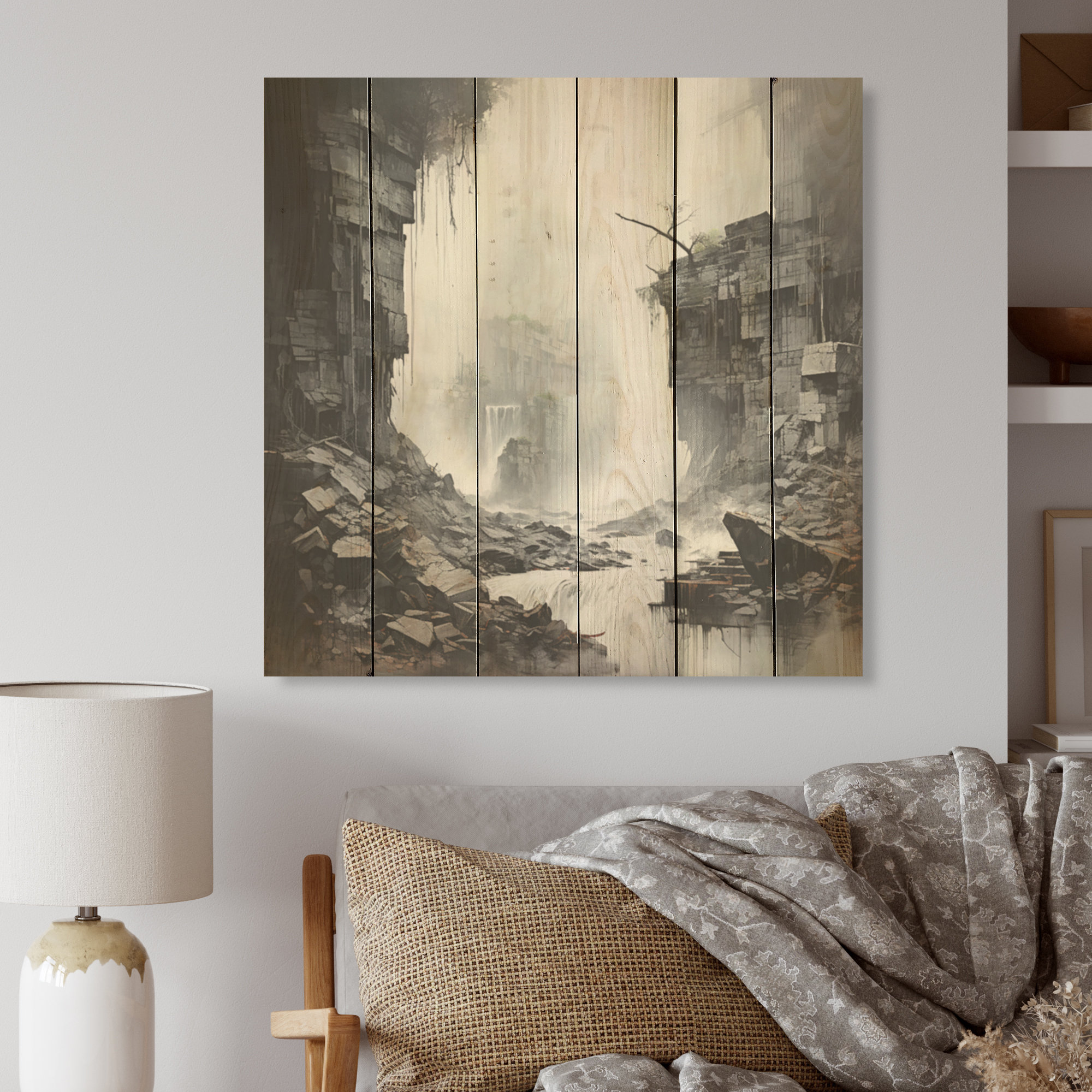 Design Art Adventourous Waterfall Caves - Waterfall Wood Panel Wall Art ...