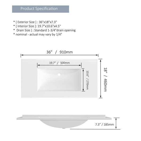 Meje 36X18 Inch Drop In Rectanglar 3 Holes Bathroom Sink, Vanity Top ...