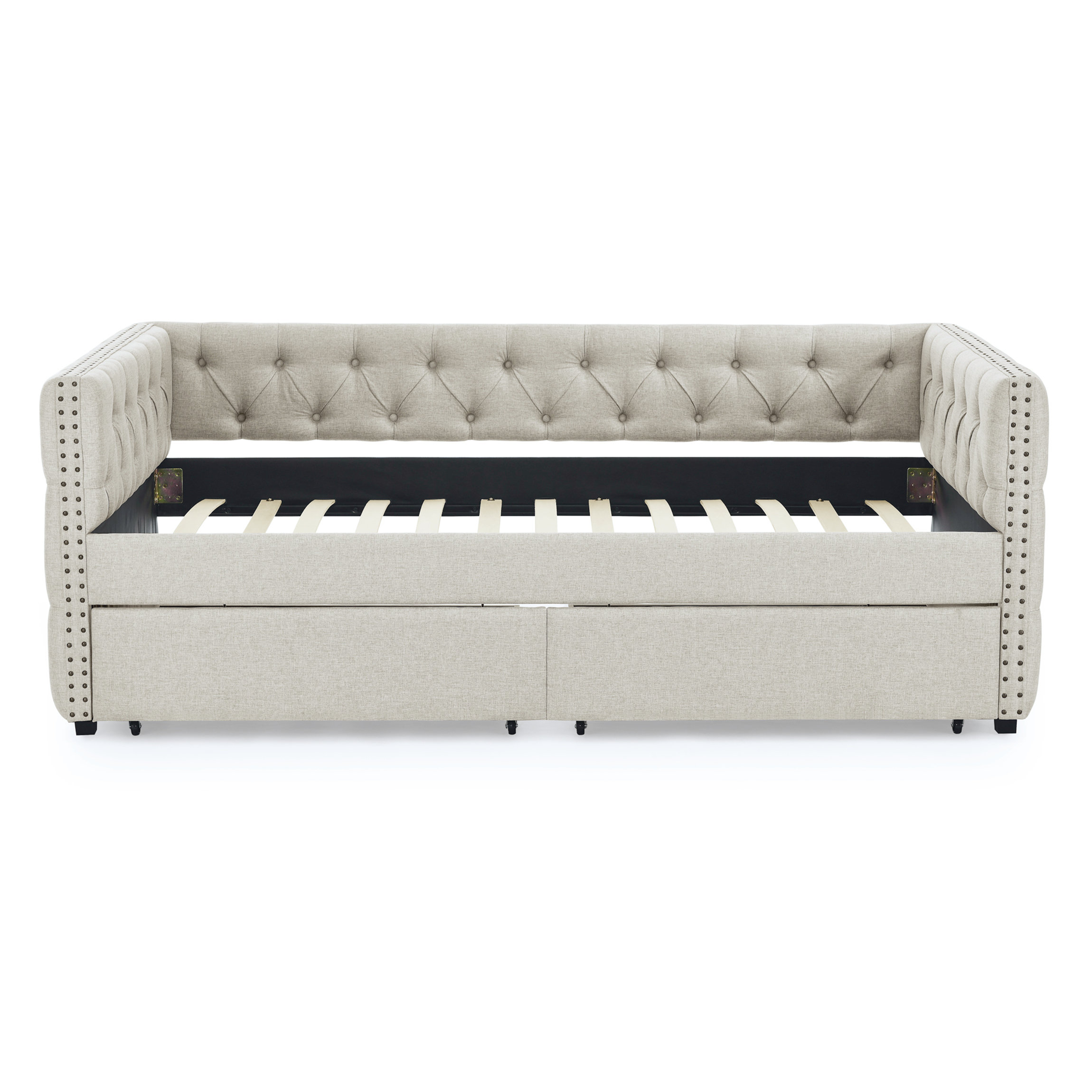 Winston Porter Upholstered Daybed with Two Drawers, with Button and Copper Nail on Square Arms ...