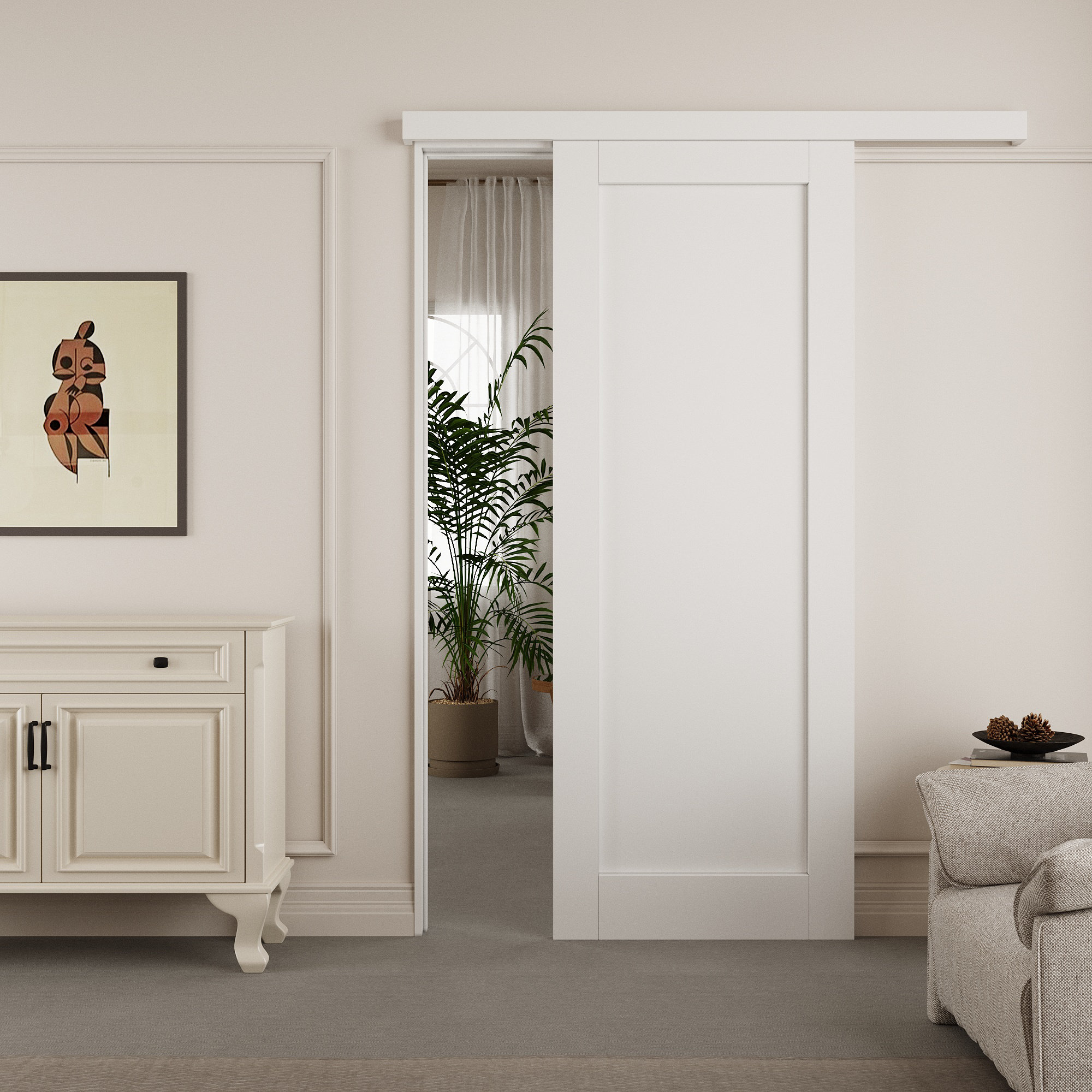 Win Stellar Hidden Style Track Solid Manufactured Wood Panel White Primed Sliding Barn Door With ...