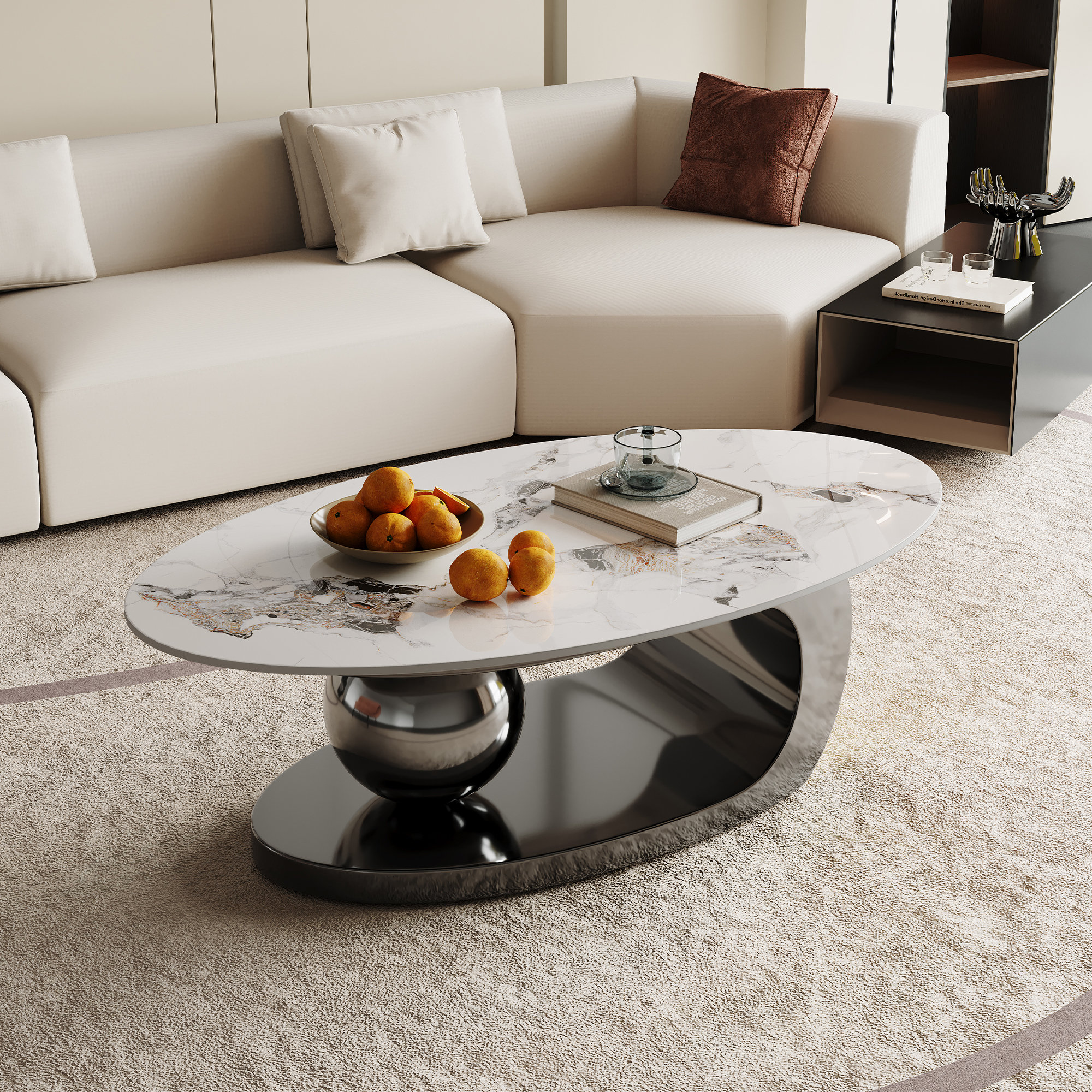 Ivy Bronx 51'' Modern Coffee Table, Oval Coffee Table , Black Base | Wayfair