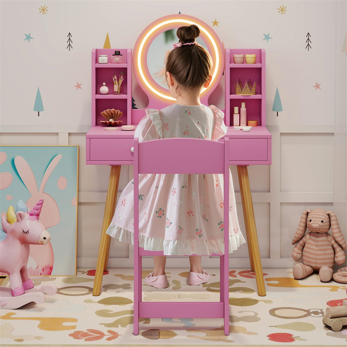 Latitude Run Dressing Table, Girls Vanity Set With Stool, 2-Color LED ...
